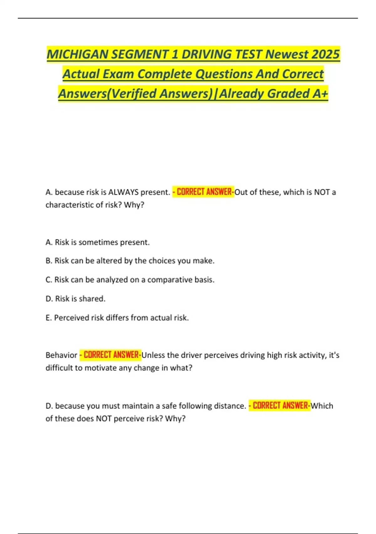 MICHIGAN SEGMENT 1 DRIVING TEST Newest 2025 Actual Exam Complete ...
