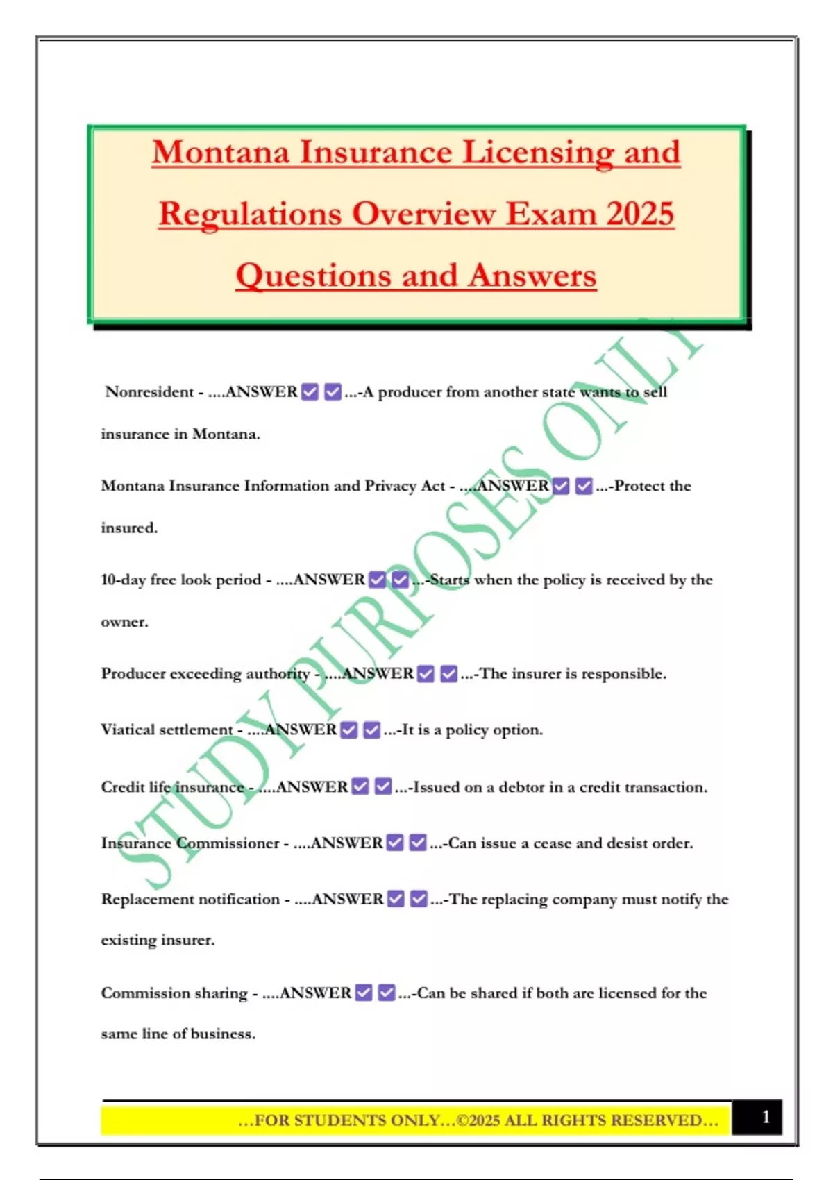 Montana Insurance Licensing and Regulations Overview Exam 2025 ...