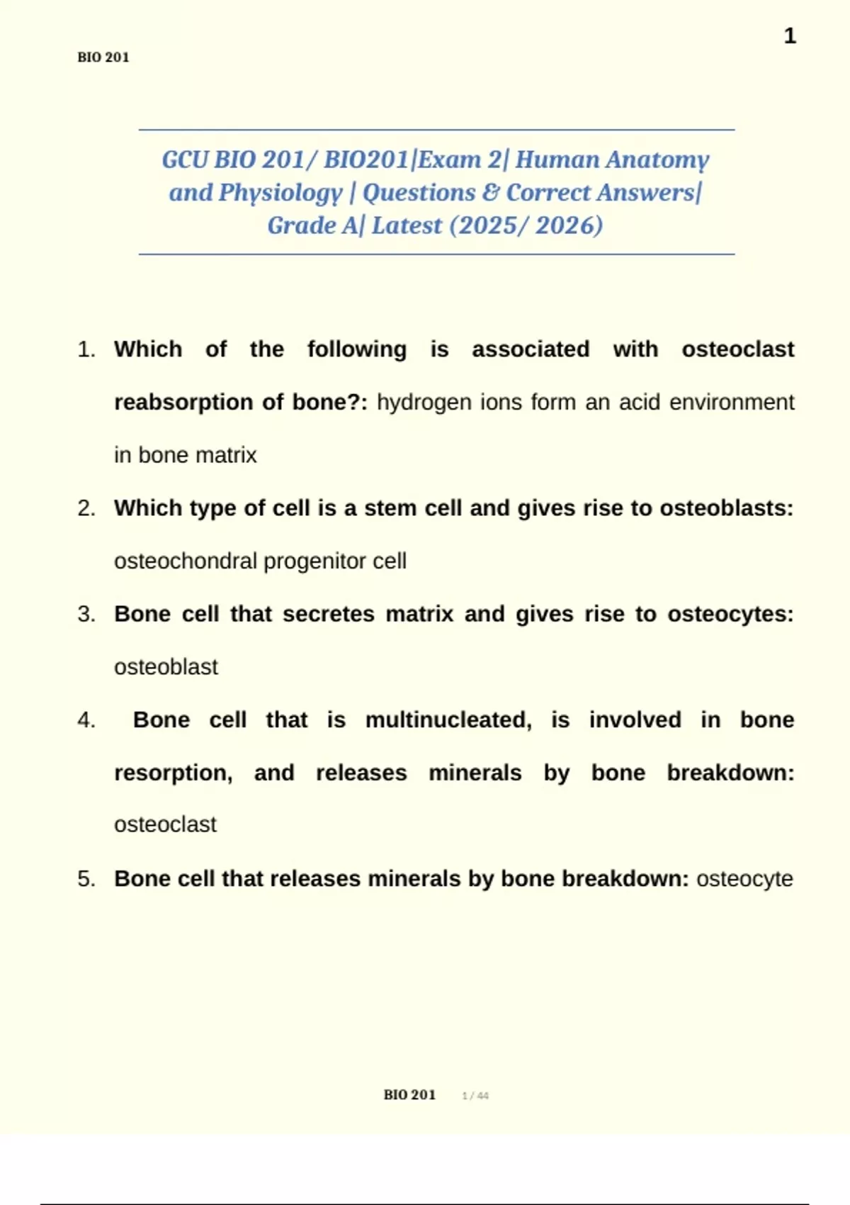 GCU BIO 201/ BIO201|Exam 2| Human Anatomy and Physiology | Questions & Correct Answers| Grade A ...