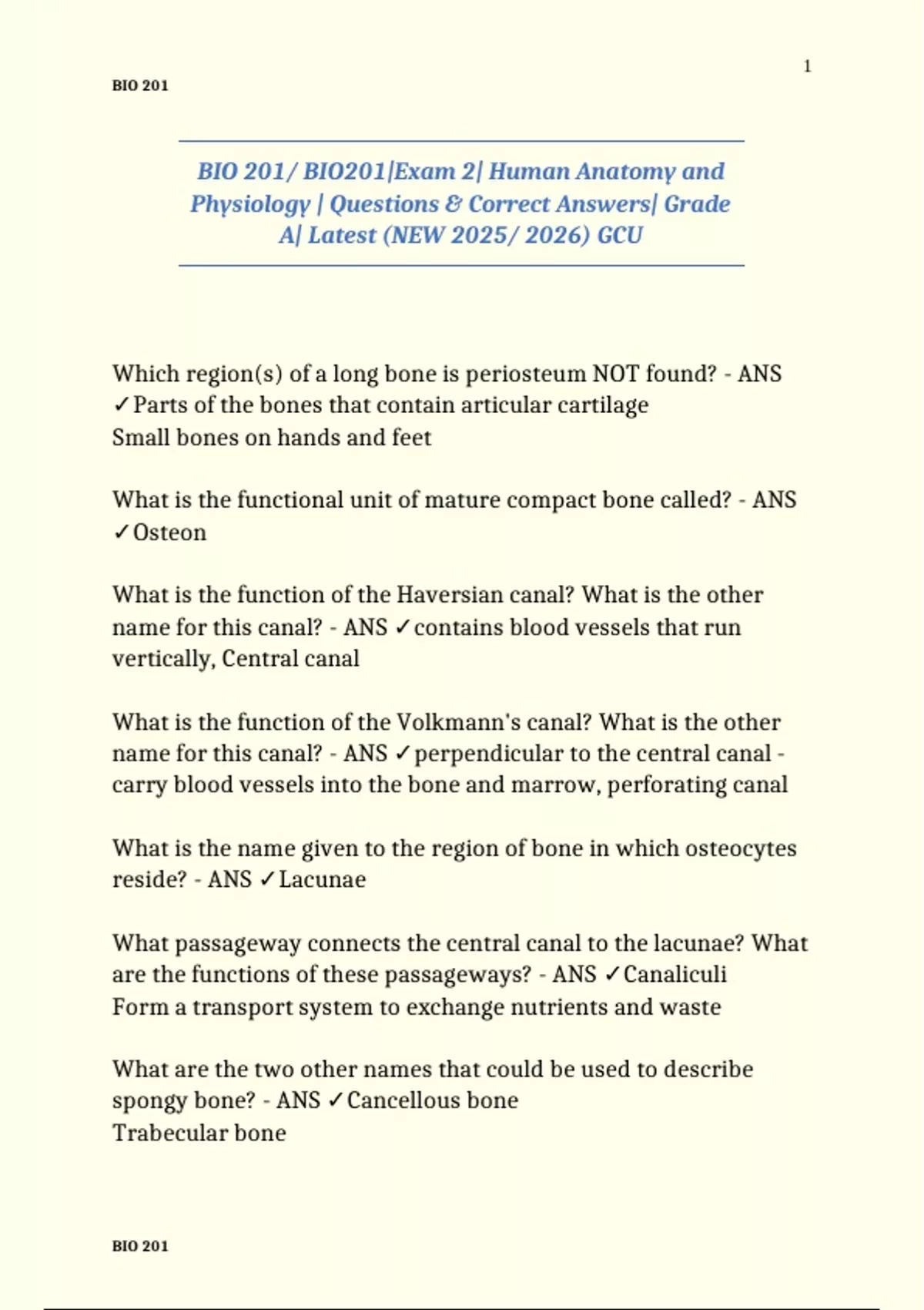 BIO 201/ BIO201|Exam 2| Human Anatomy and Physiology | Questions ...