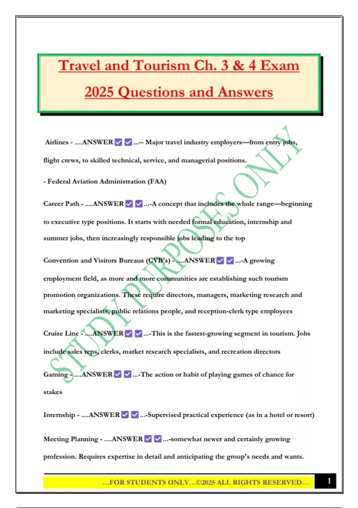 Travel and Tourism Ch. 3 & 4 Exam 2025 Questions and Answers - Travel ...
