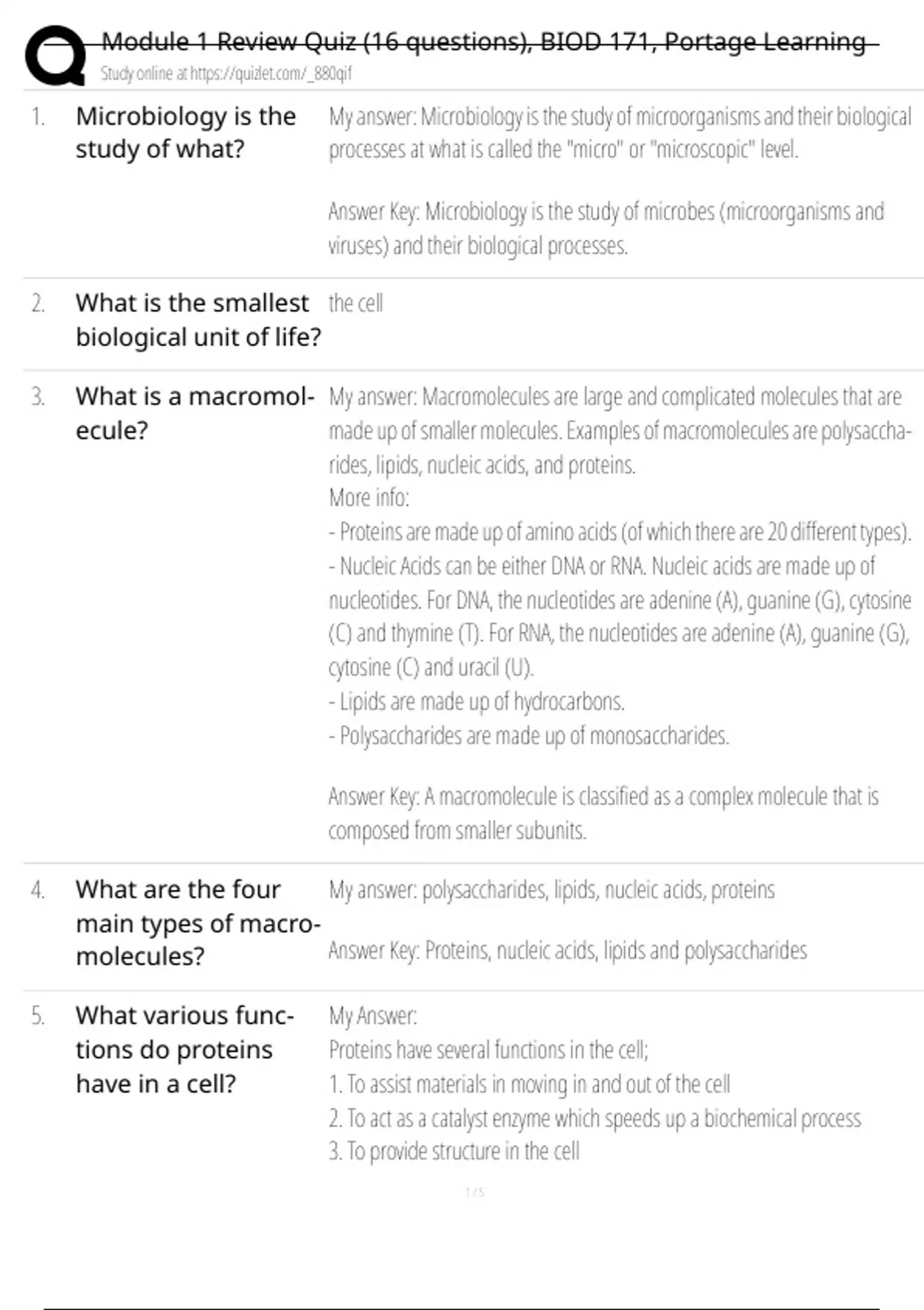 Module 1 Review Quiz (16 questions), BIOD 171, Portage Learning ...