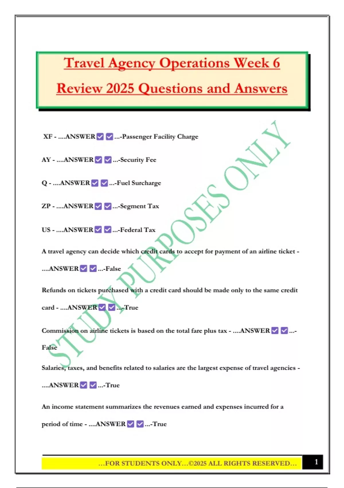 Travel Agency Operations Week 6 Review 2025 Questions and Answers ...