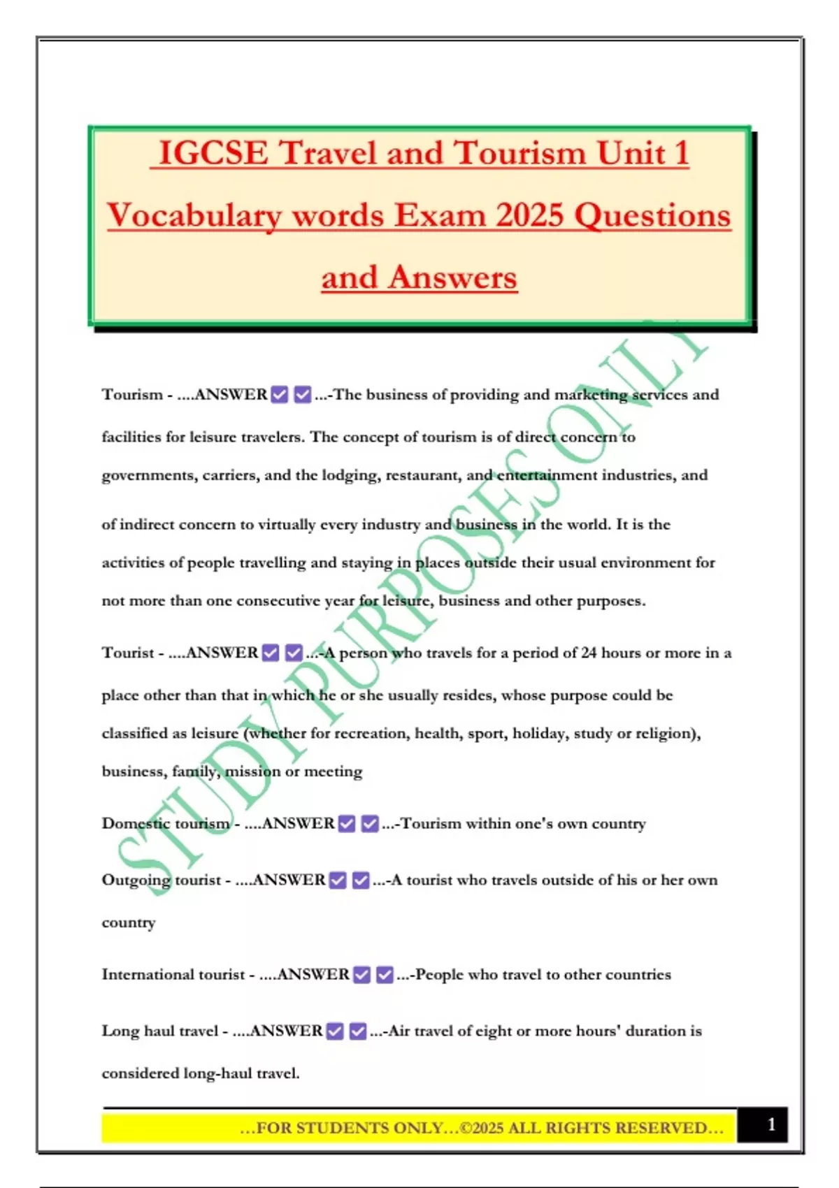 IGCSE Travel and Tourism Unit 1 Vocabulary words Exam 2025 Questions and Answers - Travel and ...