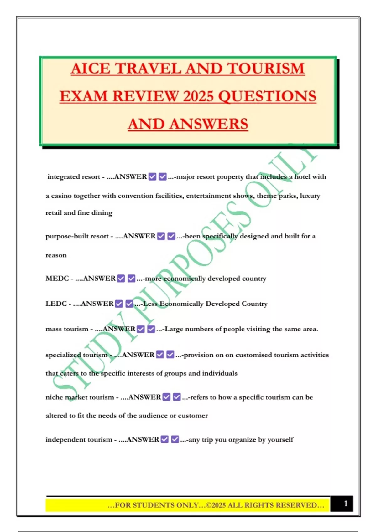 AICE TRAVEL AND TOURISM EXAM REVIEW 2025 QUESTIONS AND ANSWERS - Travel ...