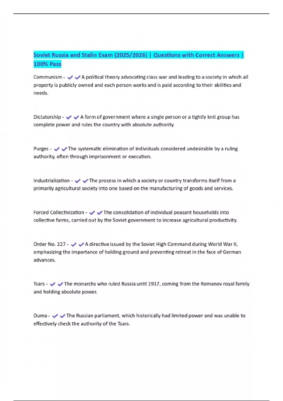 Soviet Russia and Stalin Exam (2025/2026) | Questions with Correct ...