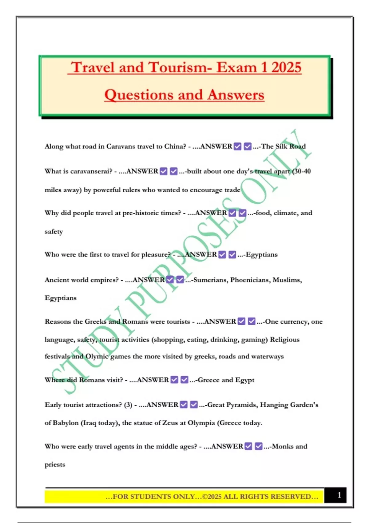 Travel and Tourism- Exam 1 2025 Questions and Answers - Travel and ...