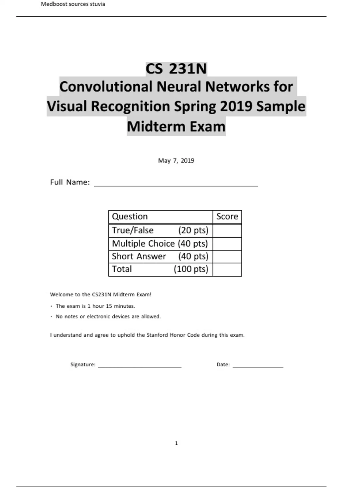 CS231N: Convolutional Neural Networks for Visual Recognition (Stanford University, Spring 2019 ...