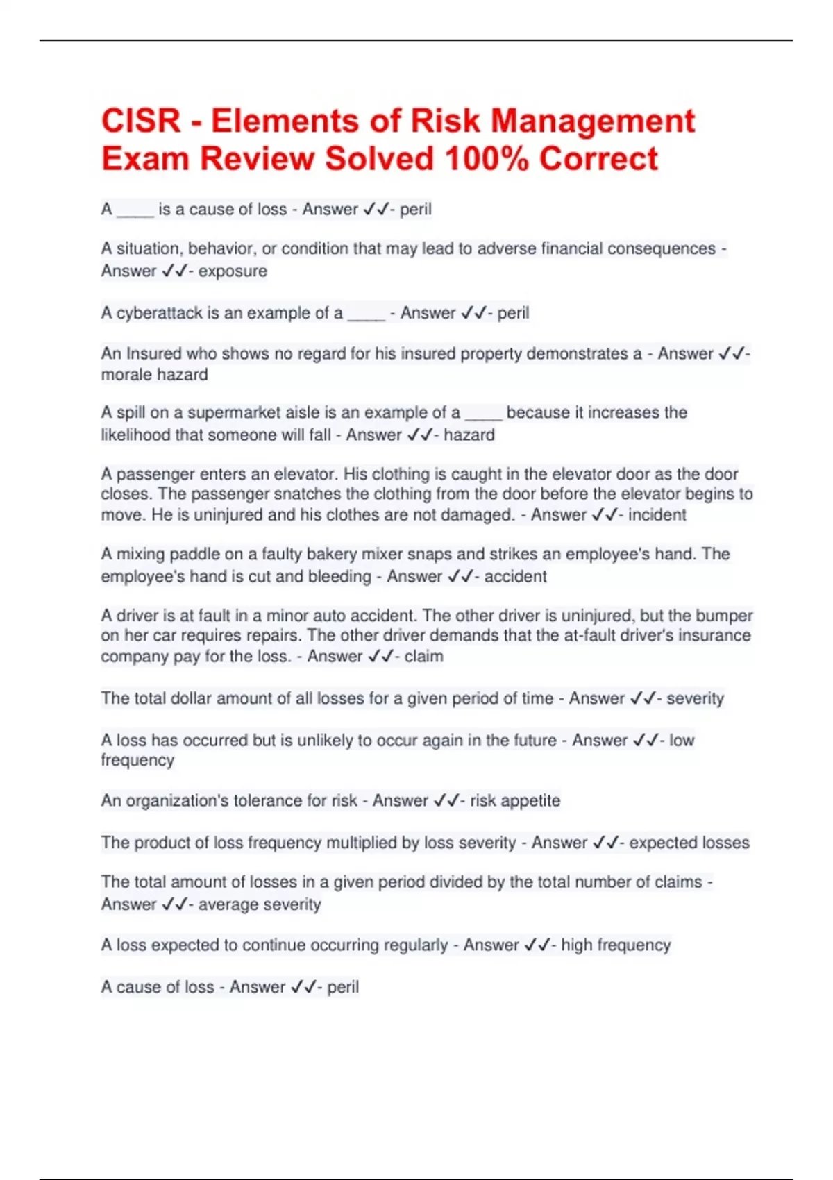 CISR - Elements of Risk Management Exam Review Solved 100% Correct ...