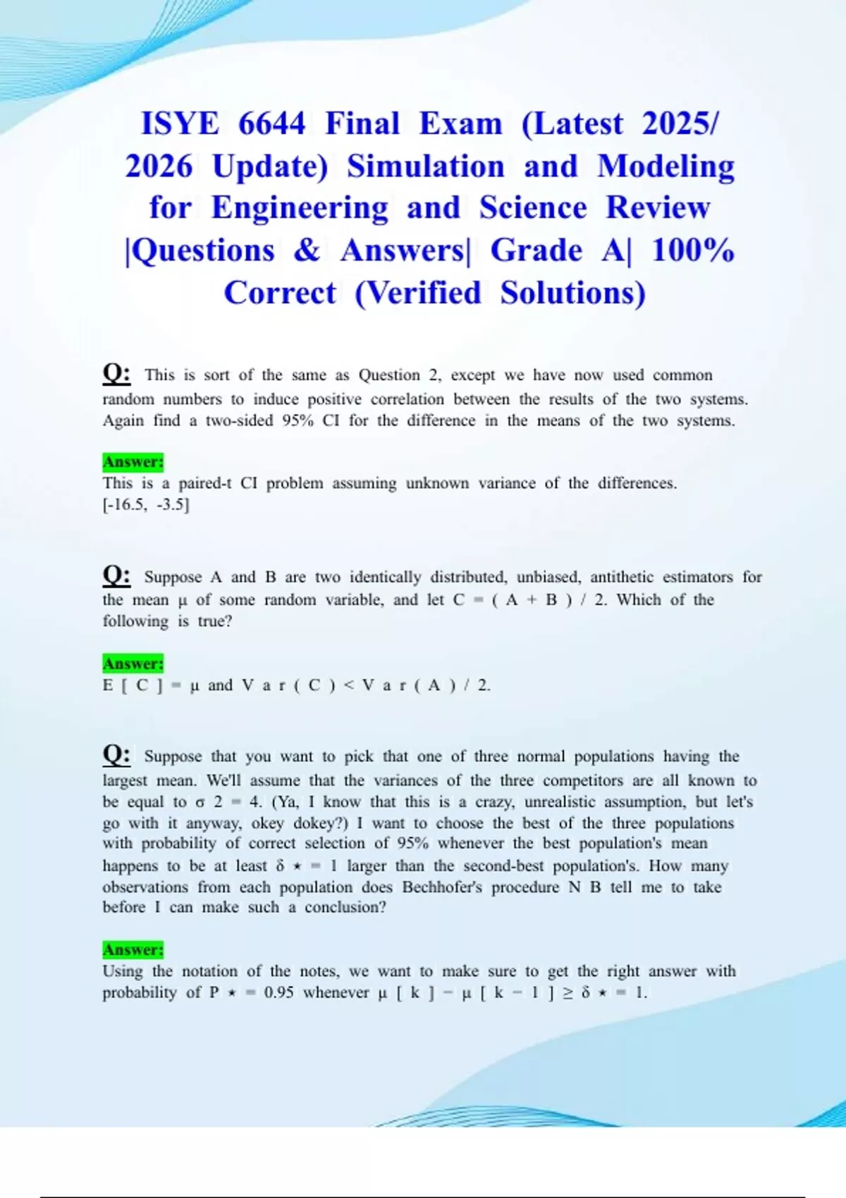 ISYE 6644 Midterm Exam 1, Midterm Exam 2 & Final Exam (Latest 2025/ ...