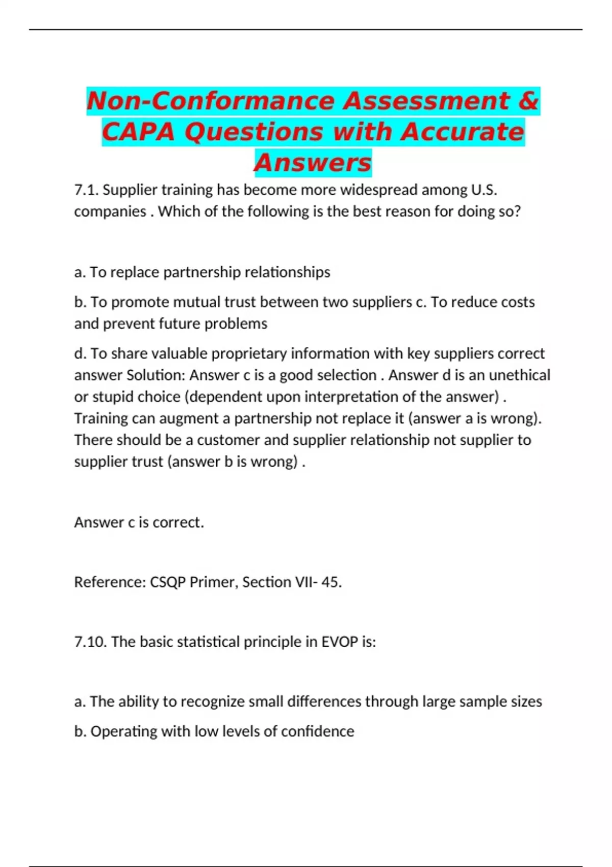 Non-Conformance Assessment & CAPA Questions with Accurate Answers - Capa - Stuvia US