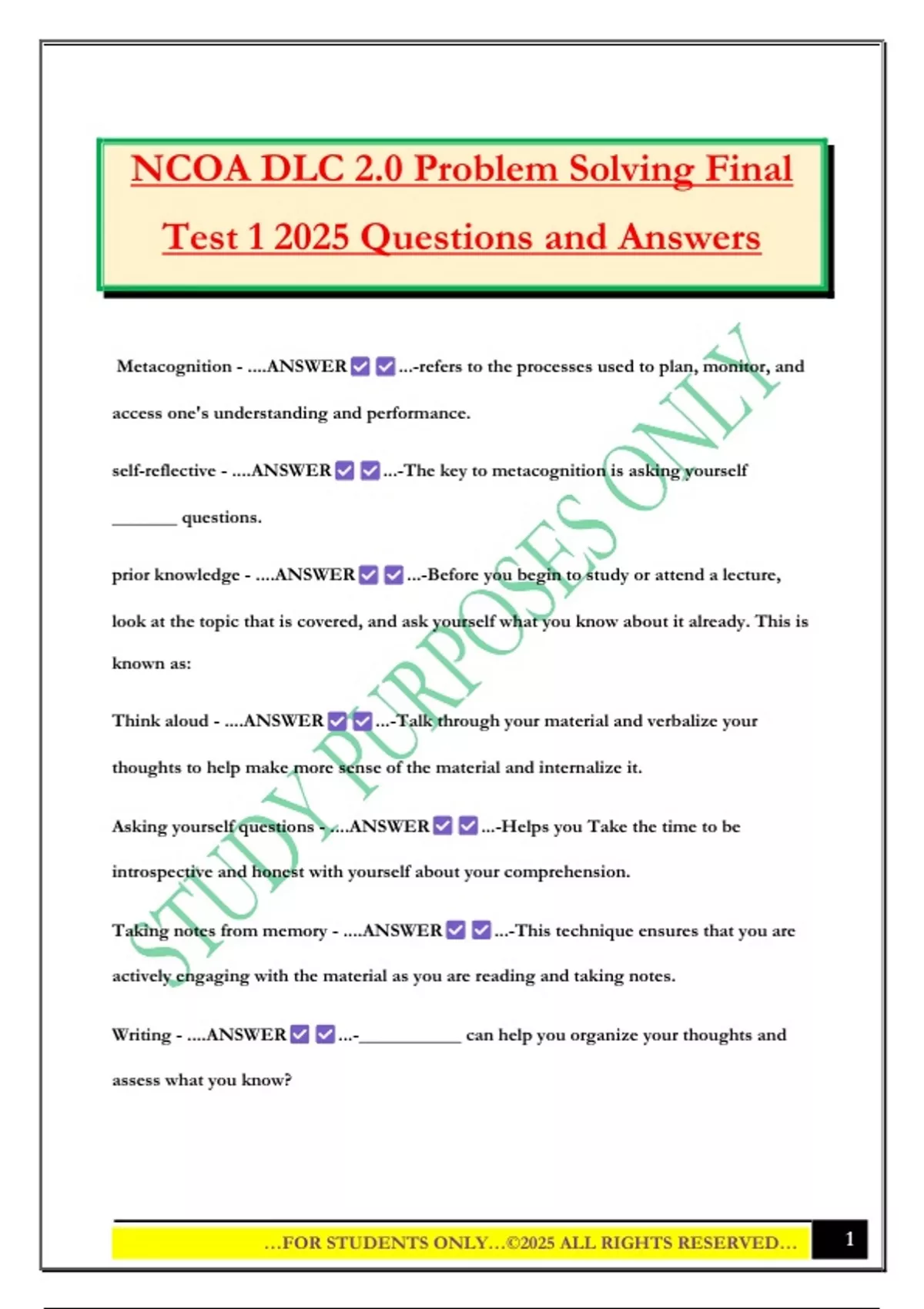 NCOA DLC 2.0 Problem Solving Final Test 1 2025 Questions and Answers ...
