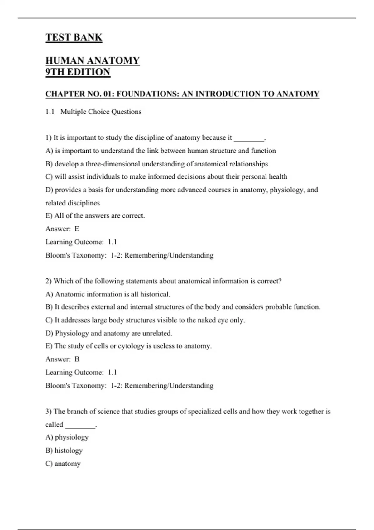 Human Anatomy Test Bank, 9th Edition (Martini, Tallitsch & Nath ...