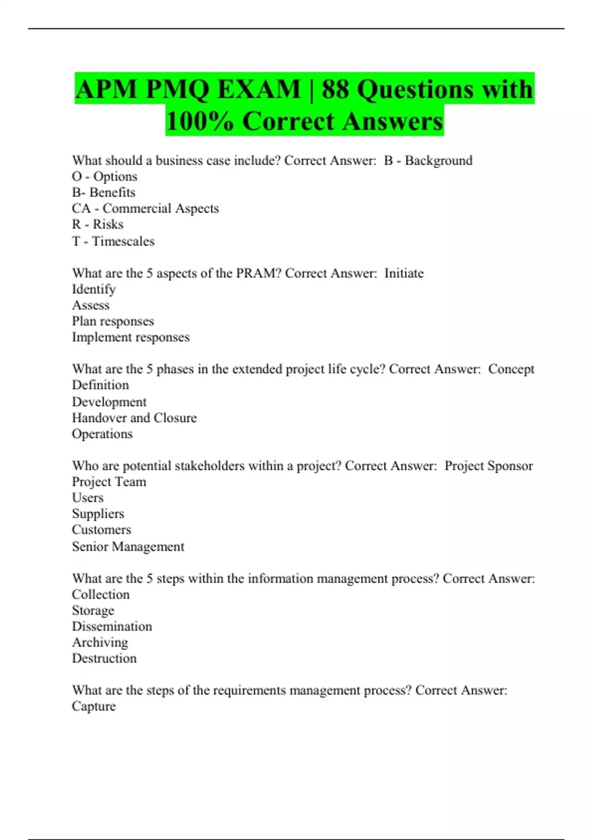 APM PMQ EXAM BANK CURRENTLY TESTING 4 VERSIONS (VERSION A, B, C AND D ...