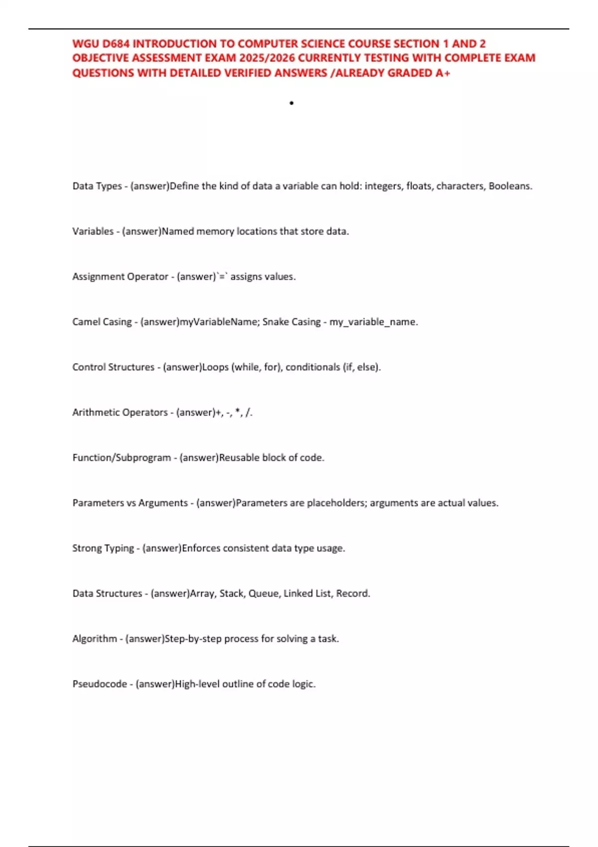 WGU D684 INTRODUCTION TO COMPUTER SCIENCE COURSE SECTION 1 AND 2 OBJECTIVE ASSESSMENT EXAM 2025/ ...