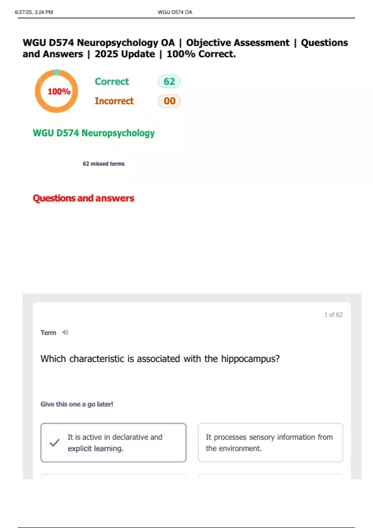 WGU D574 Neuropsychology – Objective Assessment (OA) – Western ...