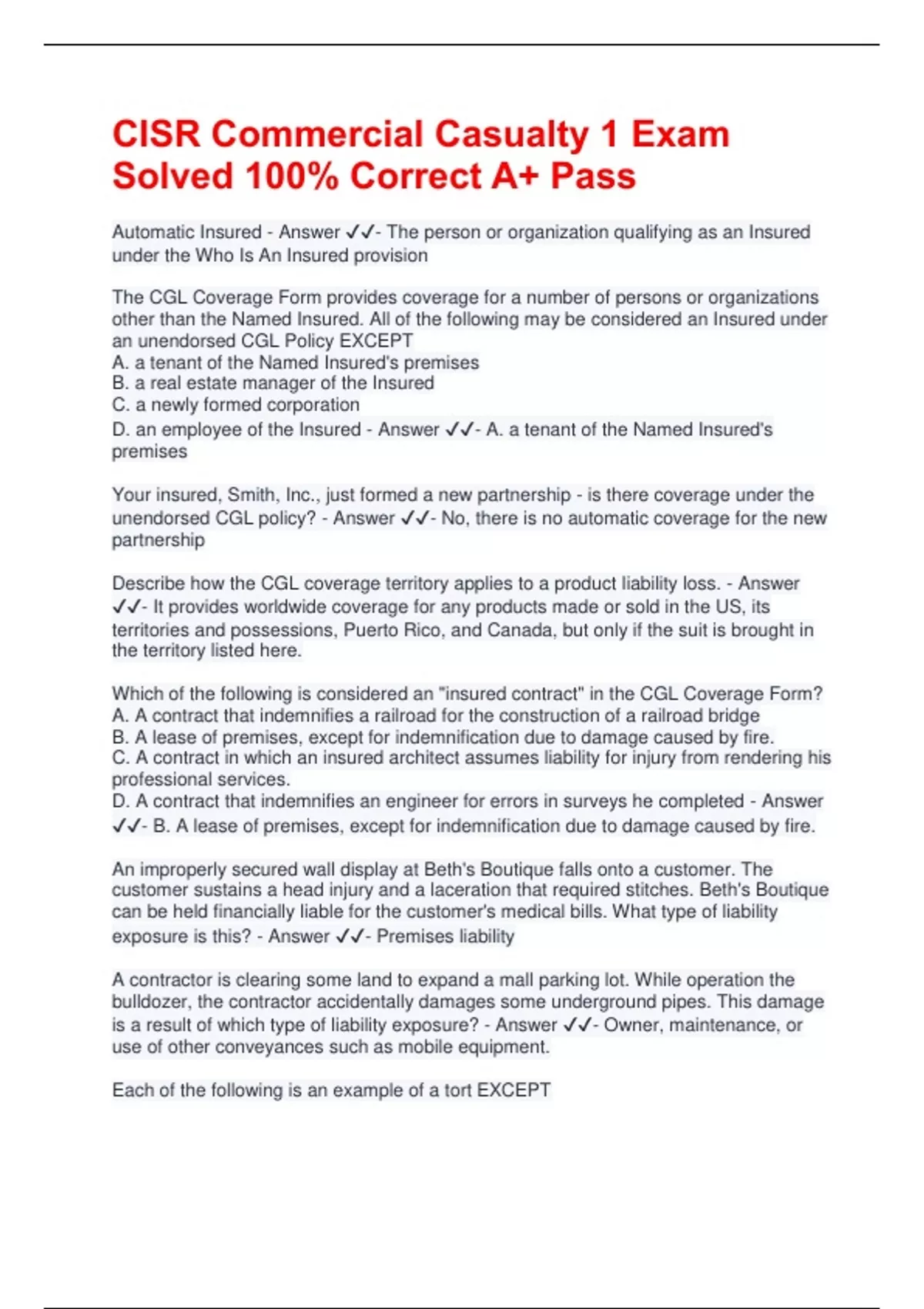 CISR Commercial Casualty 1 Exam Solved 100% Correct A+ Pass - CISR ...