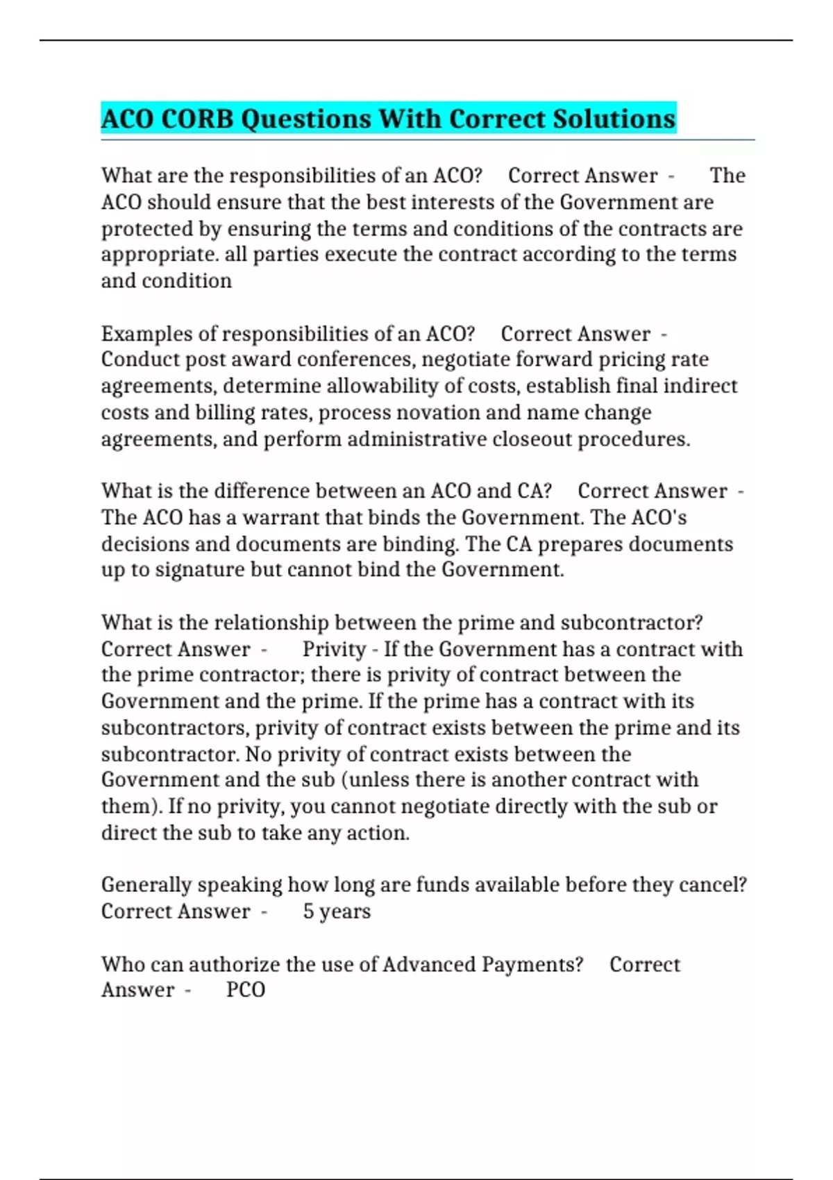 ACO CORB Questions With Correct Solutions - CORB - Stuvia US