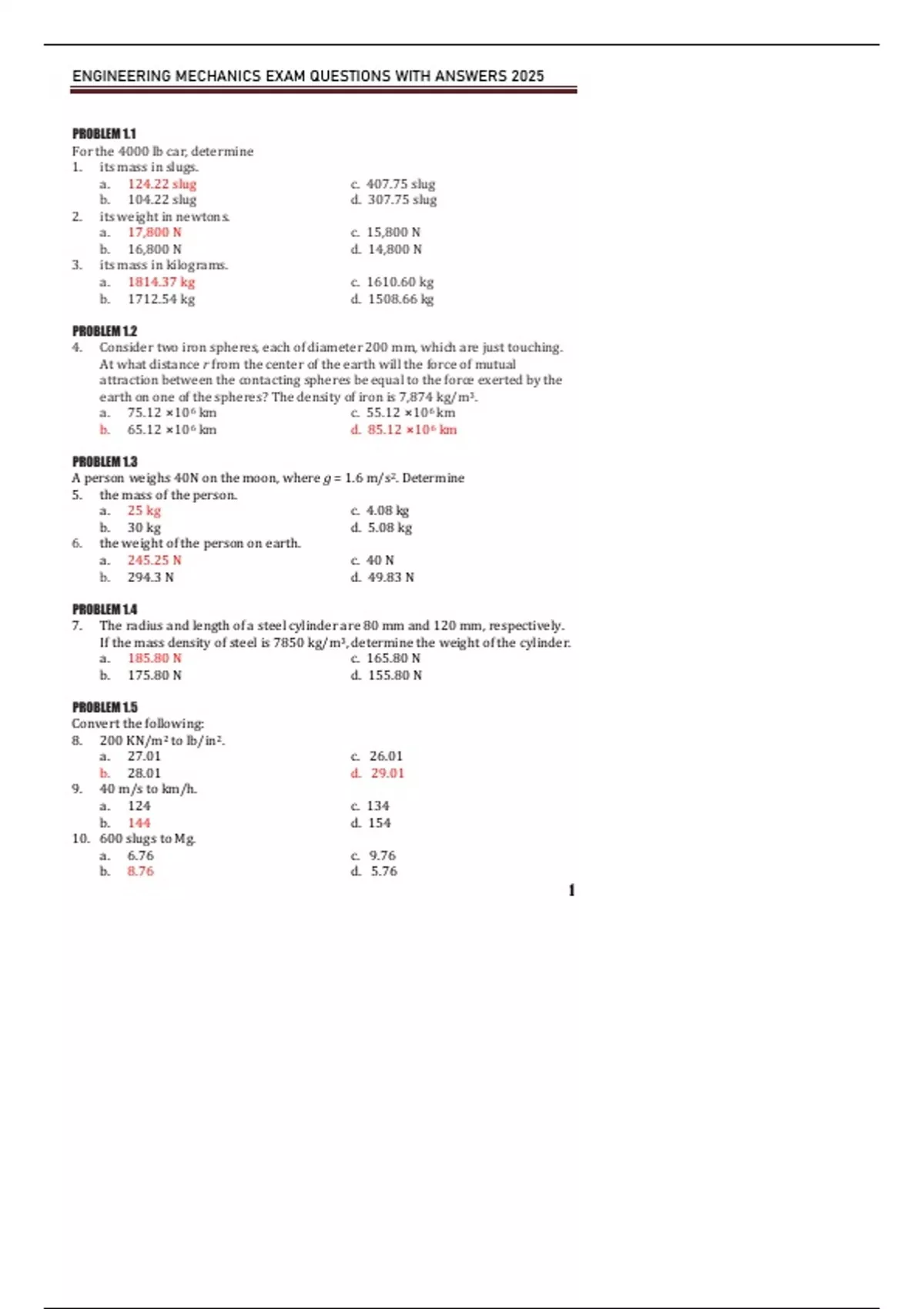 ENGINEERING MECHANICS EXAM QUESTIONS WITH ANSWERS 2025 - Mechanics ...