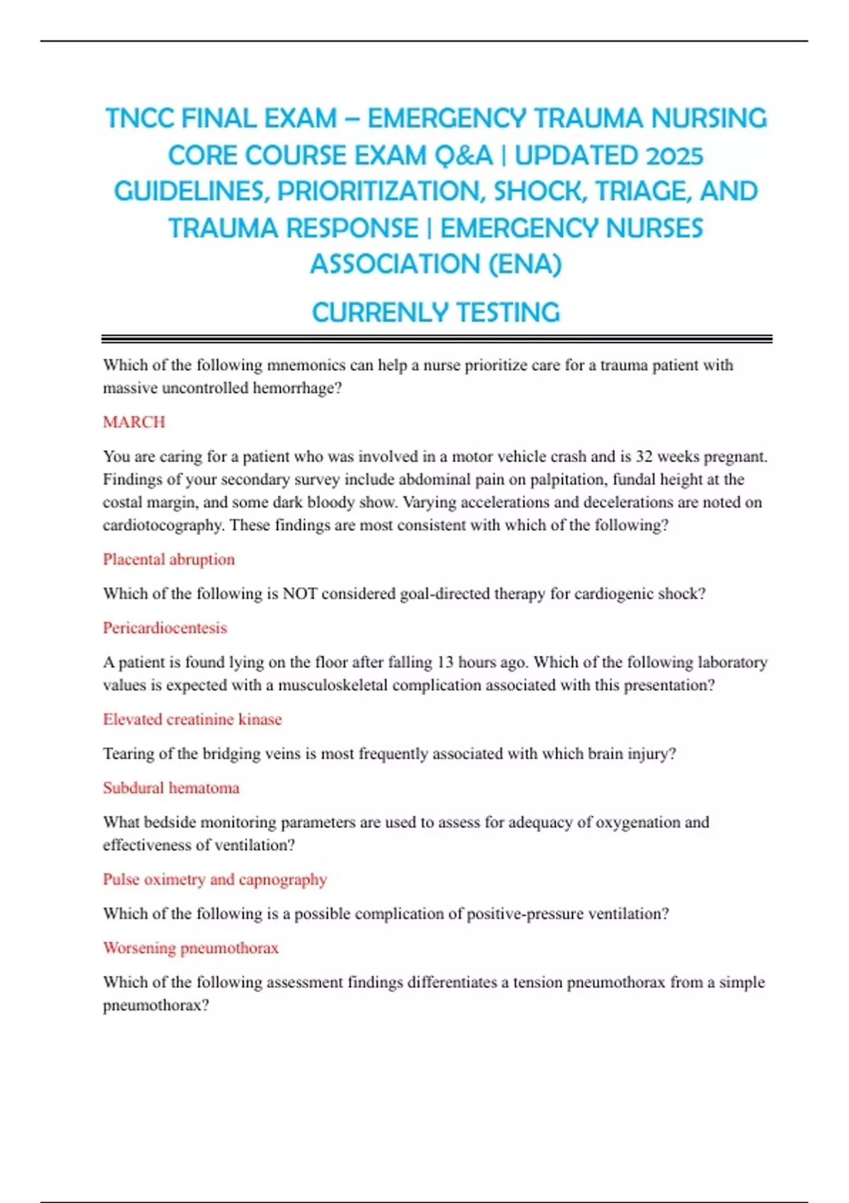 TNCC FINAL EXAM – EMERGENCY TRAUMA NURSING CORE COURSE EXAM Q&A ...