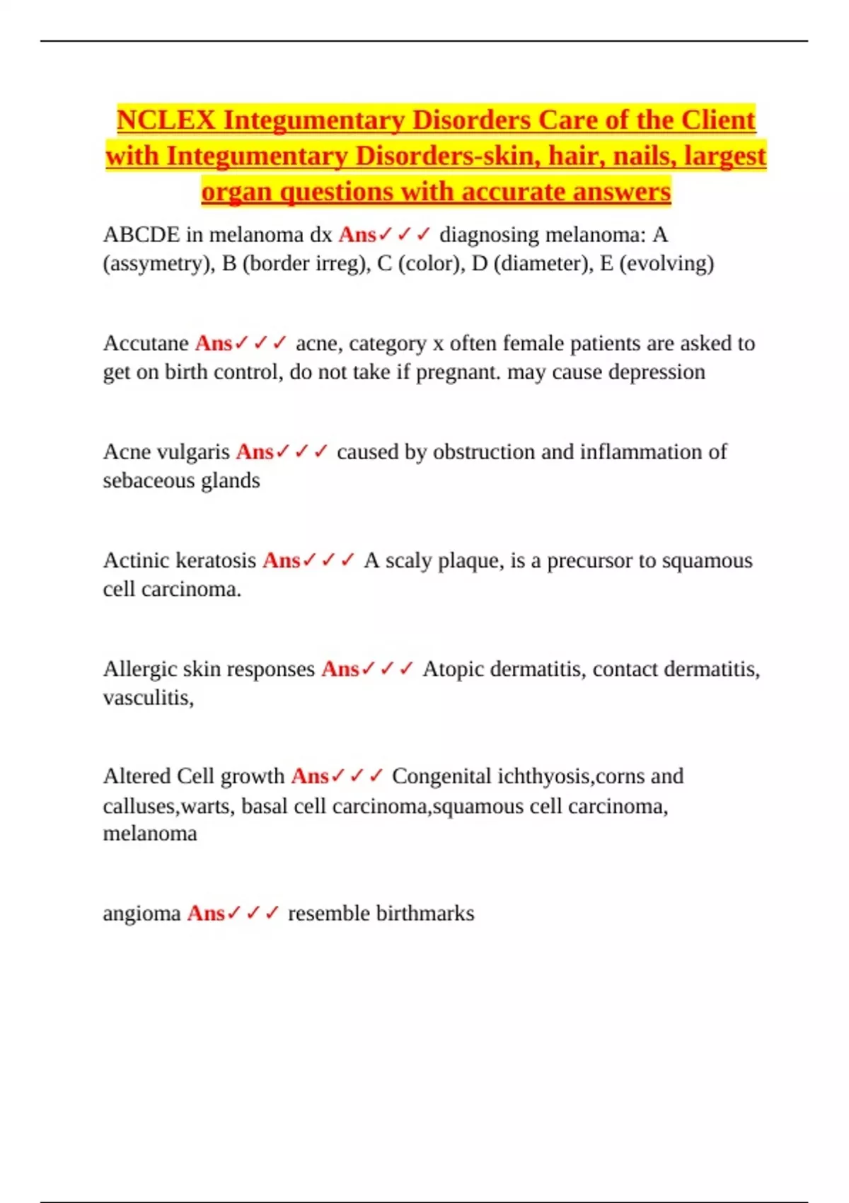 NCLEX Integumentary Disorders – Verified Q&A on Skin Conditions, Burns ...