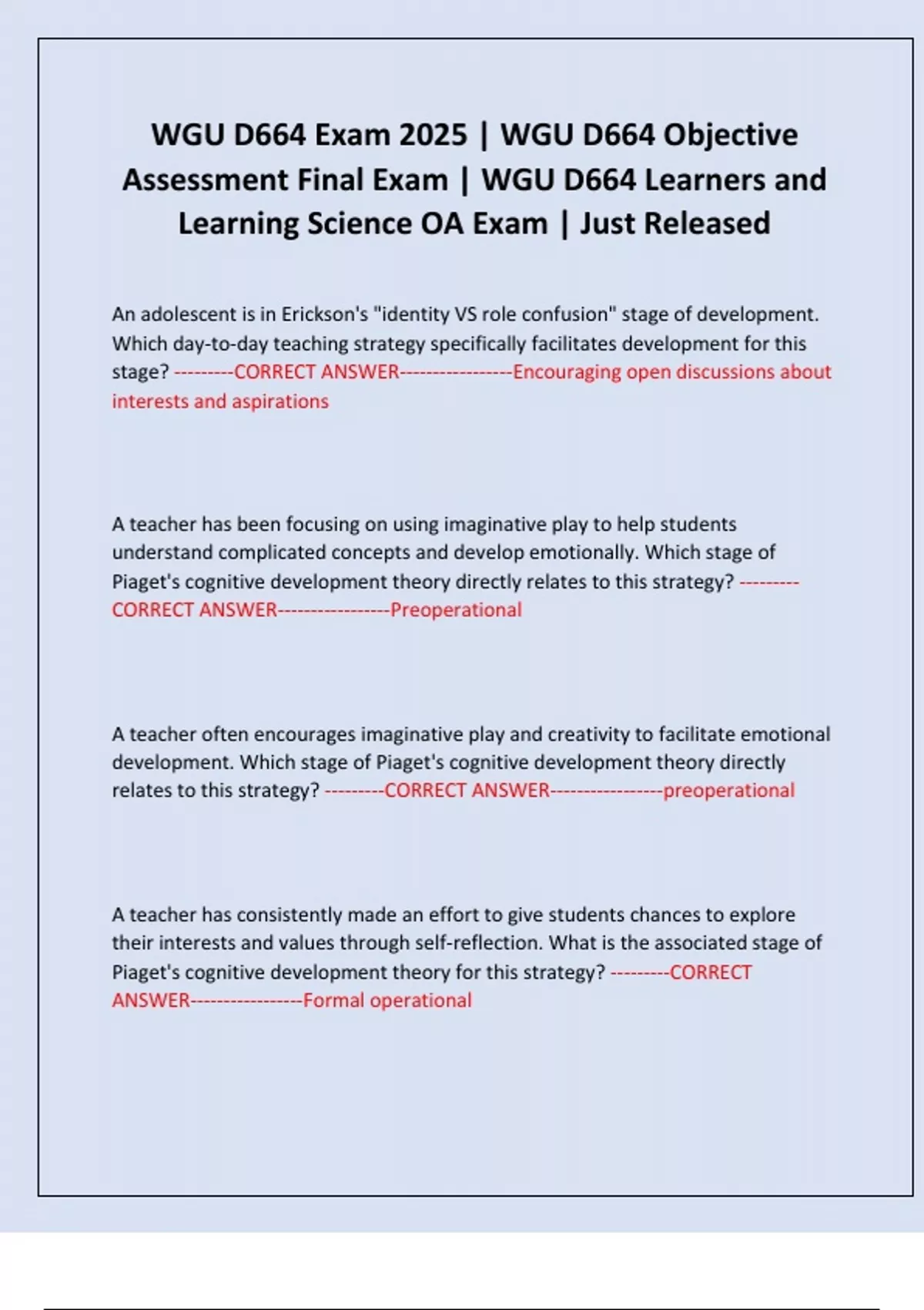 WGU D664 Exam 2025 | WGU D664 Objective Assessment Final Exam | WGU D664 Learners and Learning ...