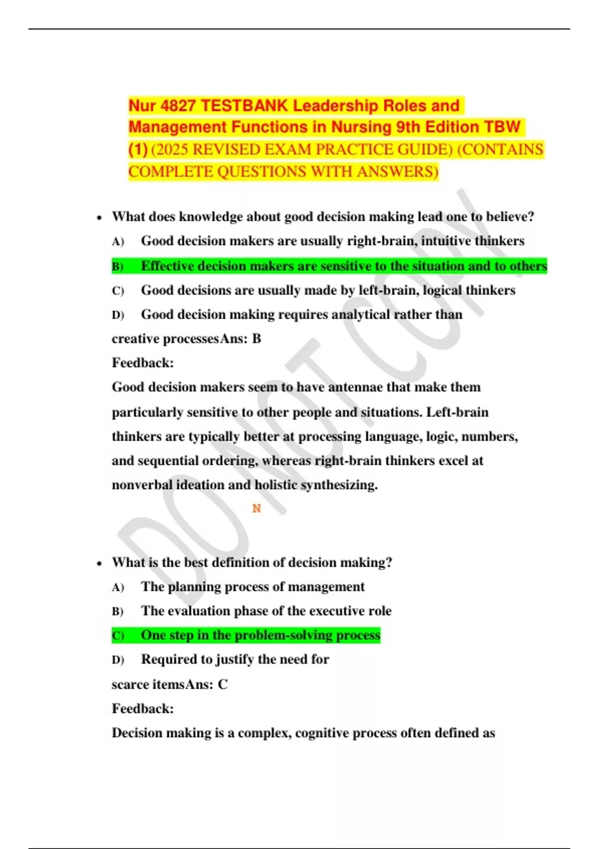 Nur 4827 TESTBANK Leadership Roles and Management Functions in Nursing ...