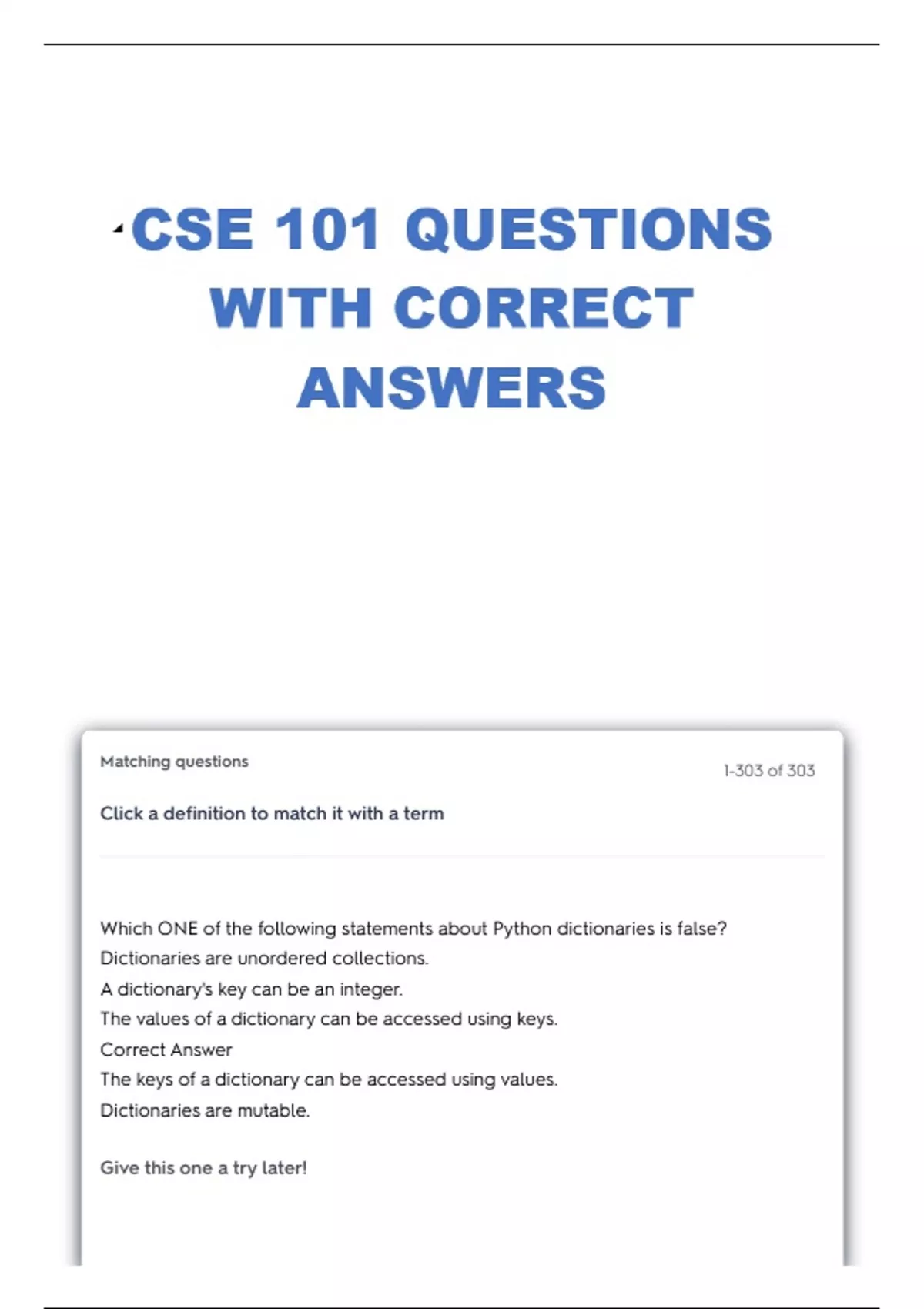CSE 101 Final QUESTIONS WITH CORRECT ANSWERS - CSE 101 - Stuvia US