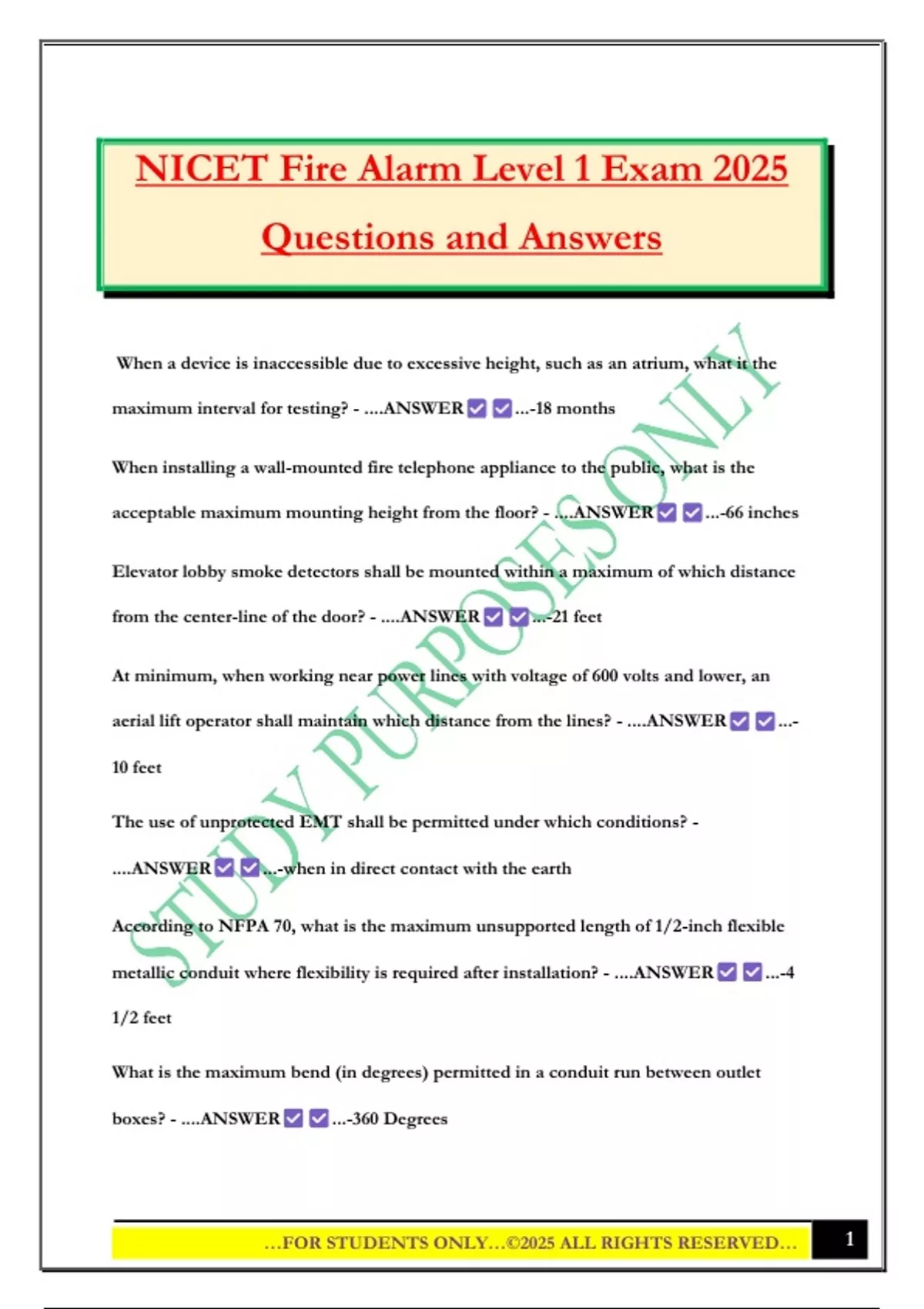 NICET Fire Alarm Level 1 Exam 2025 Questions and Answers - NICET Level ...