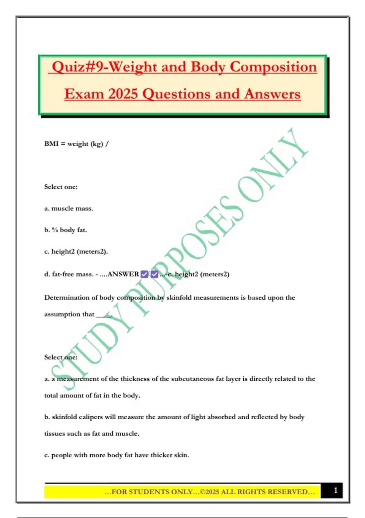 Quiz#9-Weight and Body Composition Exam 2025 Questions and Answers ...