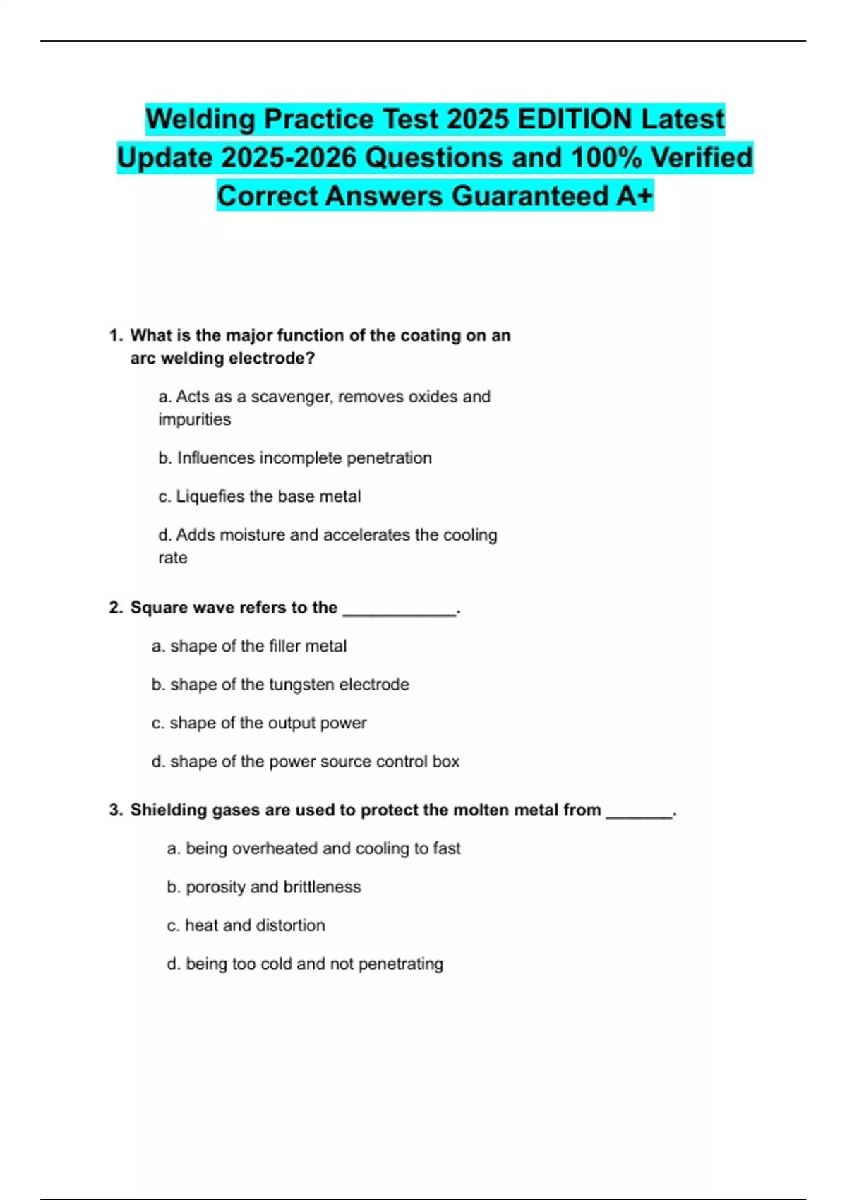 Welding Practice Test 2025 EDITION Latest Update Questions and 100% ...