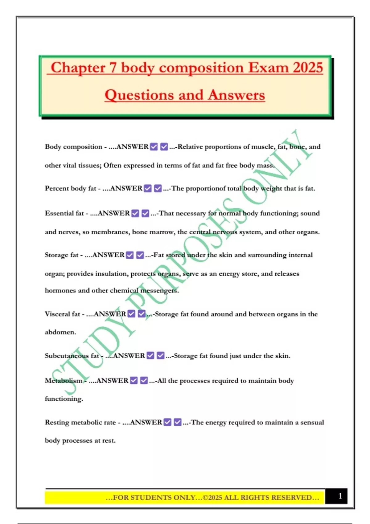 Body Composition Bundled Exams 2025 (Questions and Answers) - Stuvia US