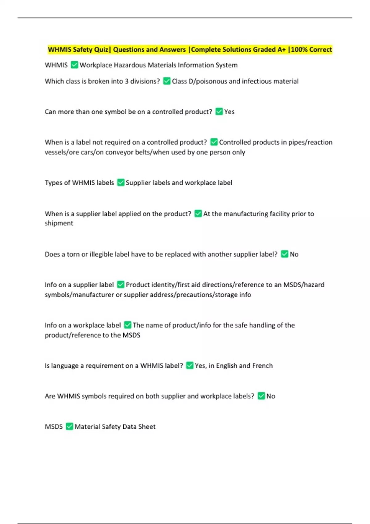 WHMIS Safety Quiz| Questions and Answers |Complete Solutions Graded A+ ...