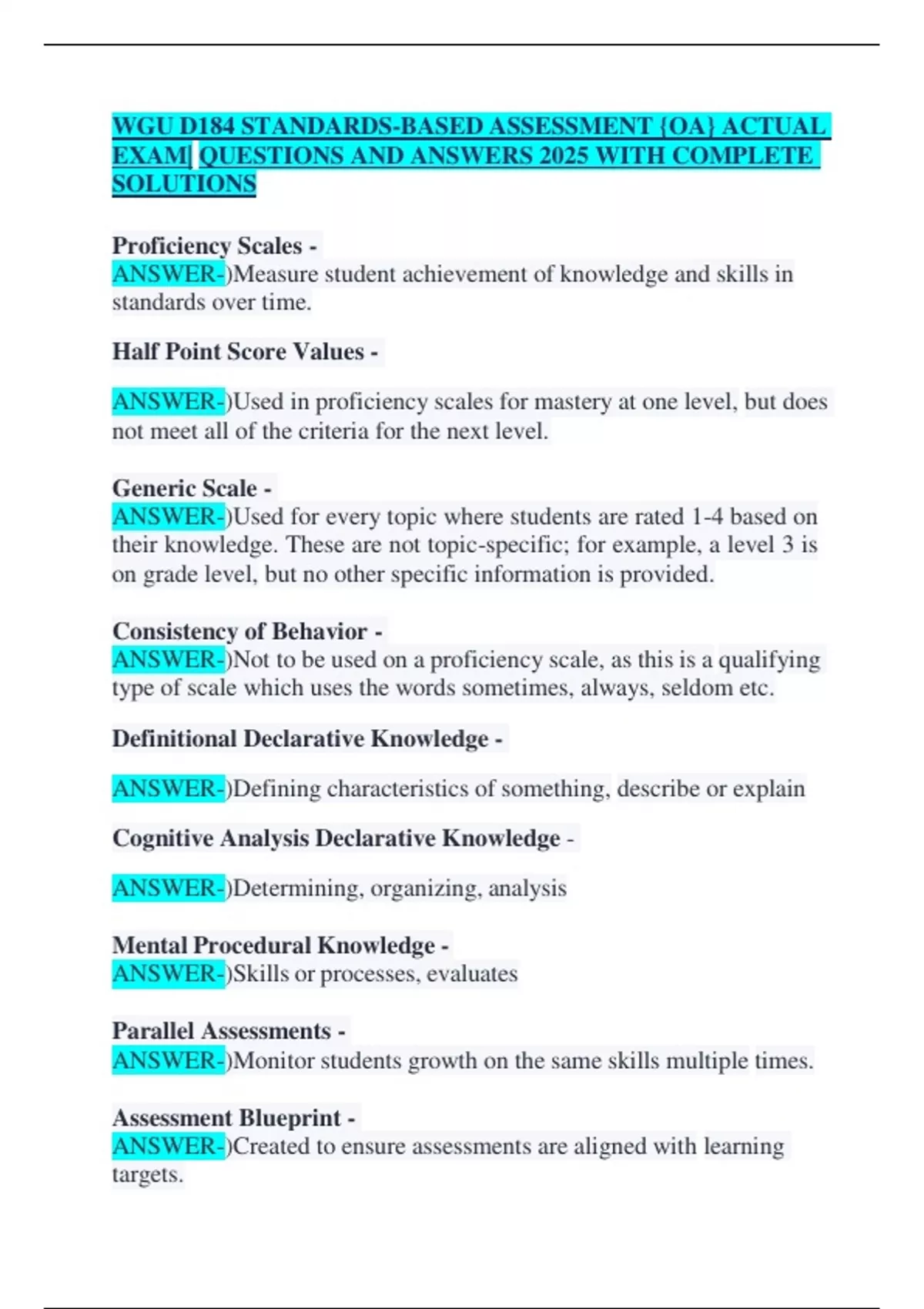 Wgu D184 Standards Based Assessment Oa Actual Exam Questions And