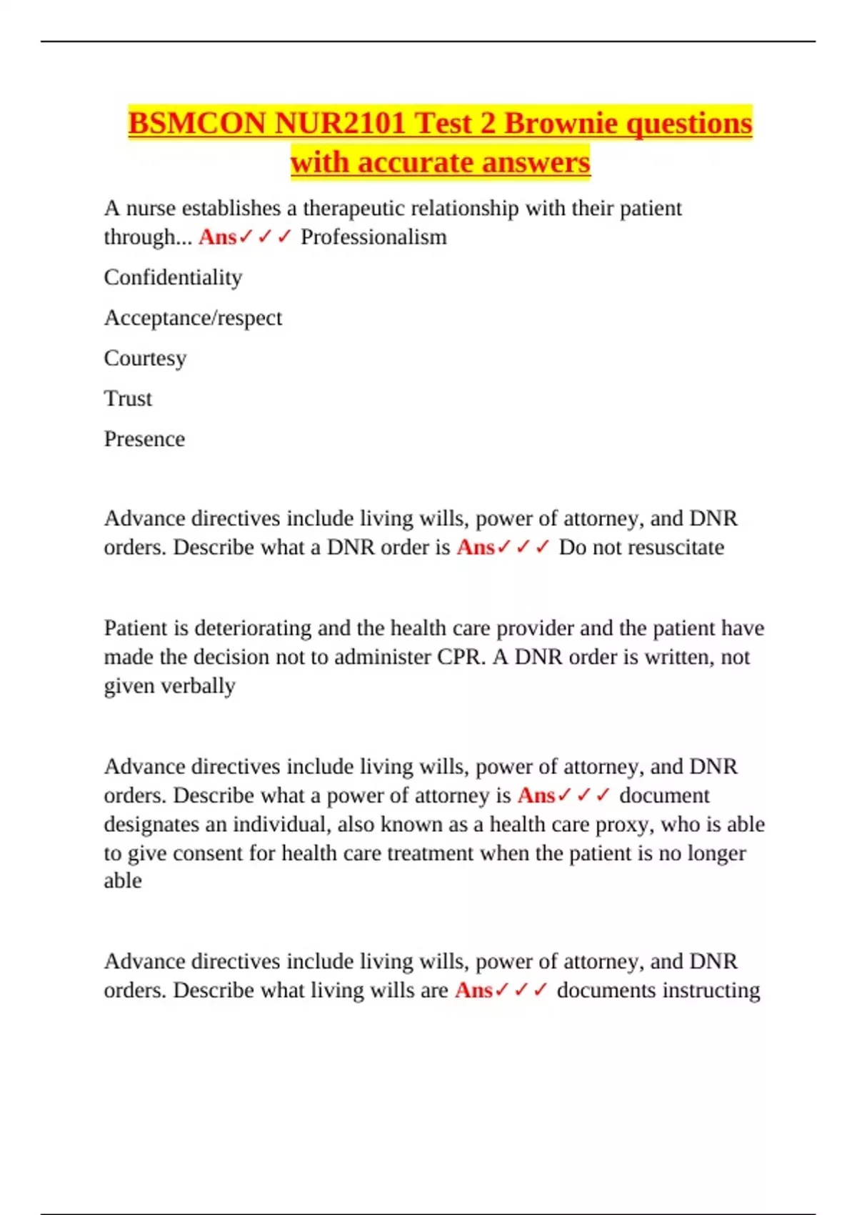 BSMCON NUR2101 – Test 2 Legal, Ethical, and Communication Questions ...