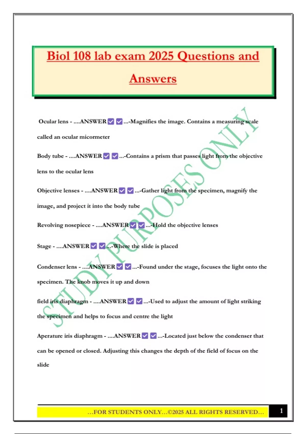 Biol 108 lab exam 2025 Questions and Answers - Biol 108 - Stuvia US