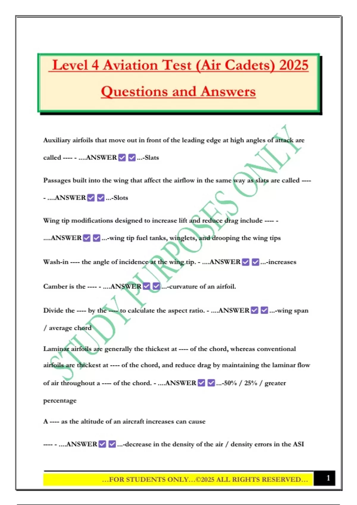 Level 4 Aviation Test (Air Cadets) 2025 Questions and Answers ...