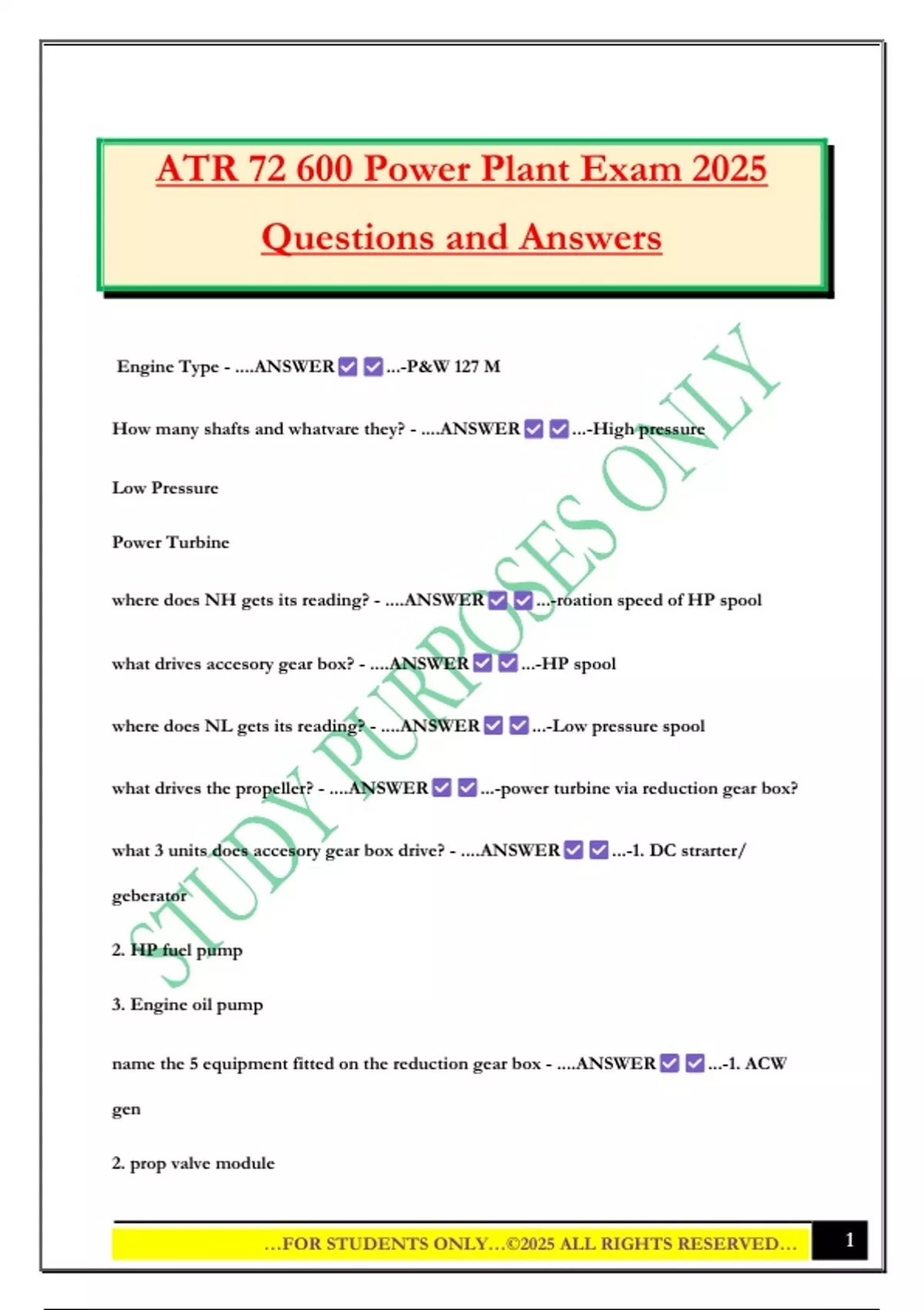 ATR 72 600 Power Plant Exam 2025 Questions and Answers - Aviation ...