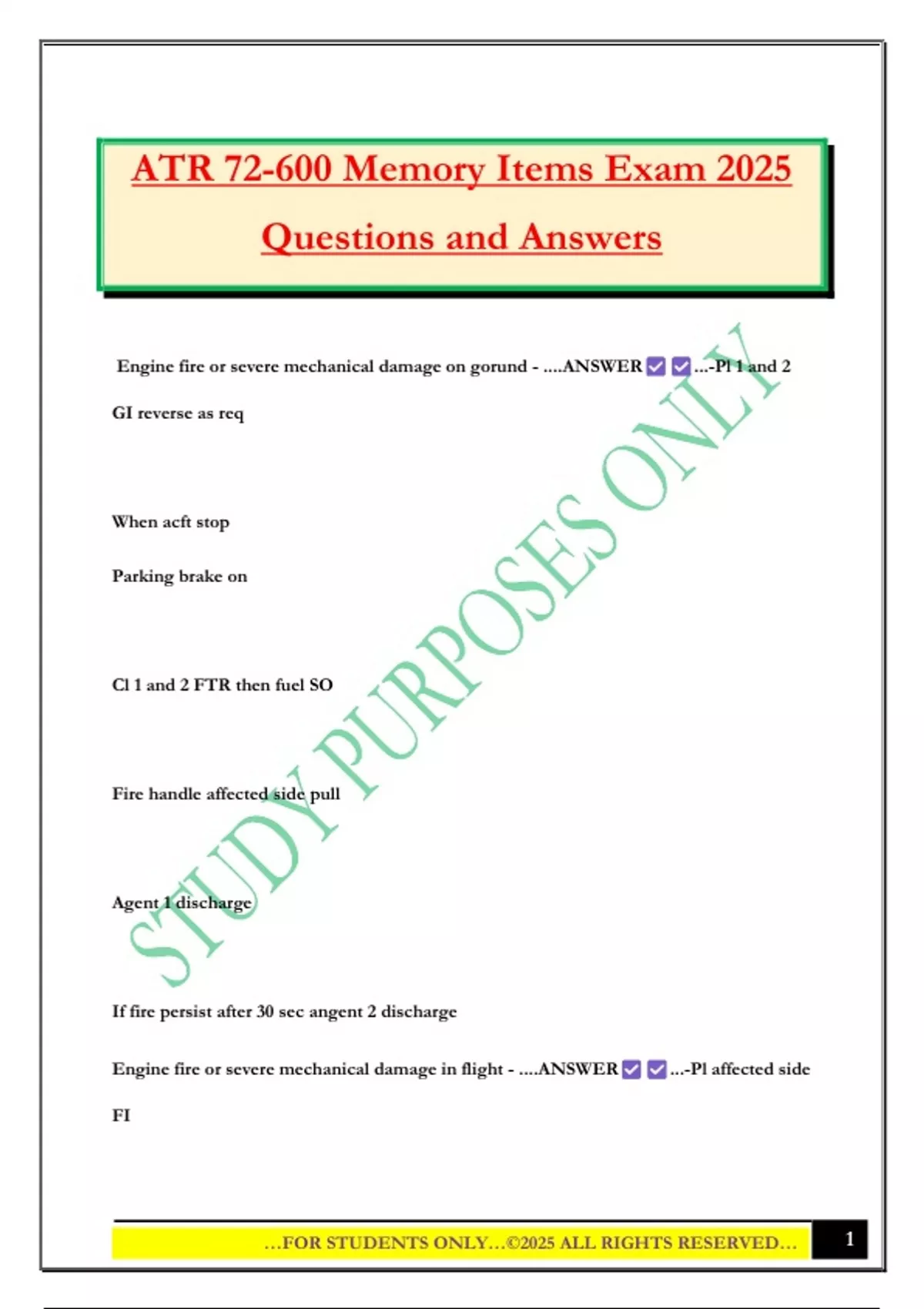 ATR 72-600 Memory Items Exam 2025 Questions and Answers - Aviation ...