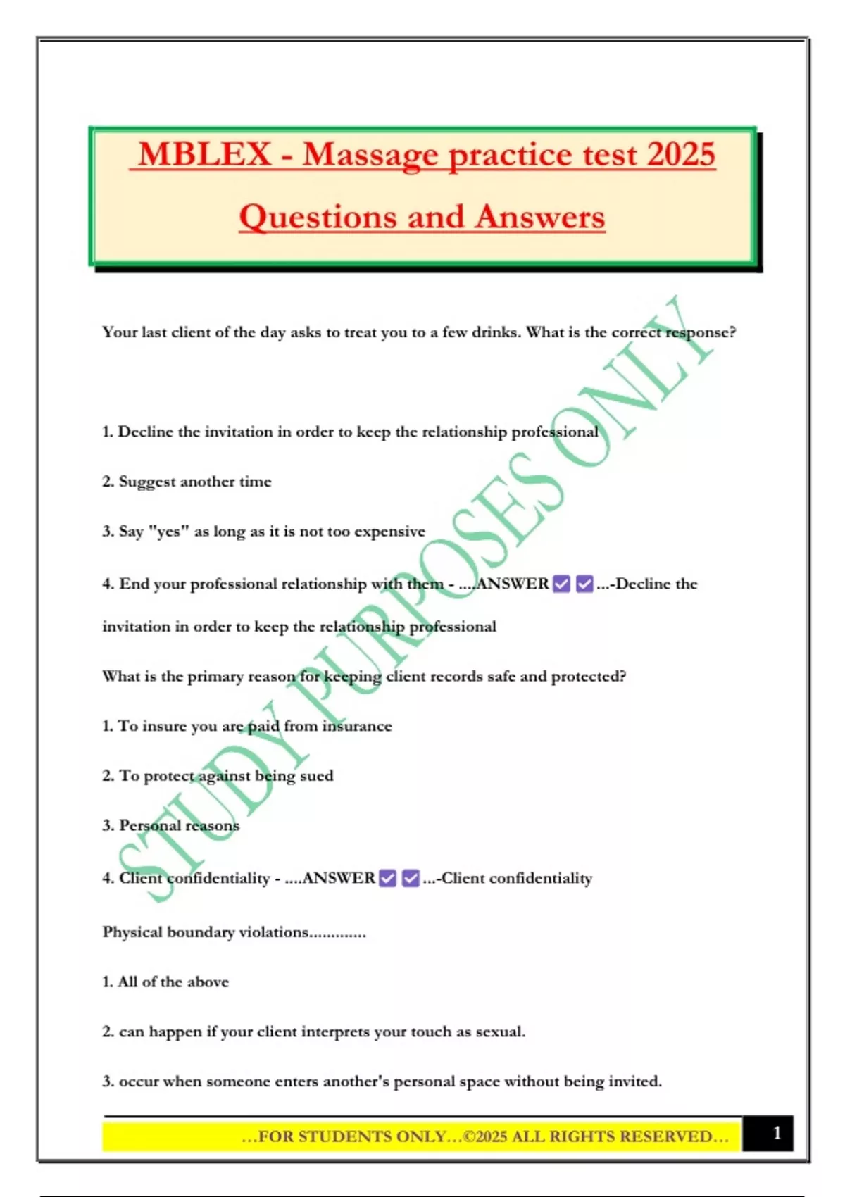 MBLEX - Massage practice test 2025 Questions and Answers - MBLEX ...
