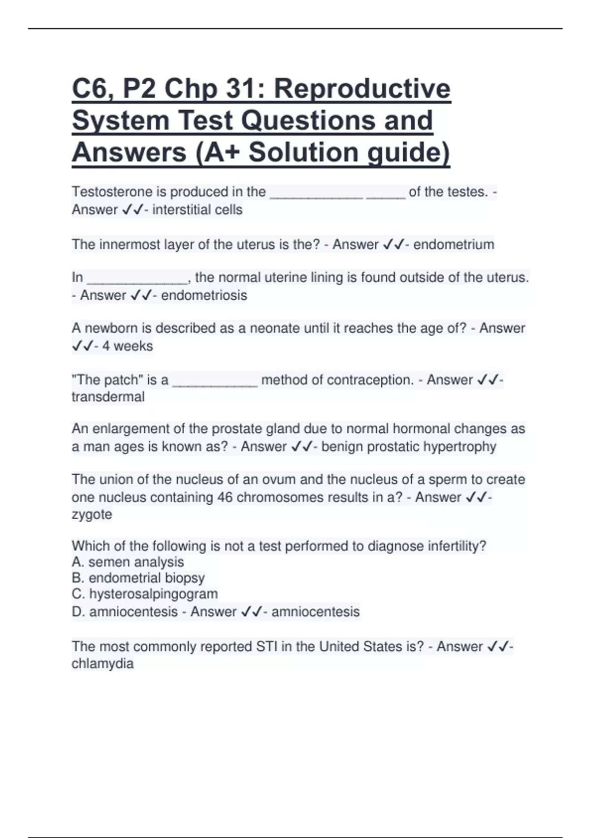 C6, P2 Chp 31: Reproductive System Test Questions and Answers(A+ ...