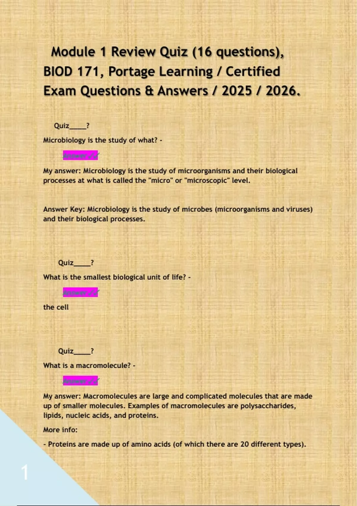 Module 1 Review Quiz (16 questions), BIOD 171, Portage Learning ...