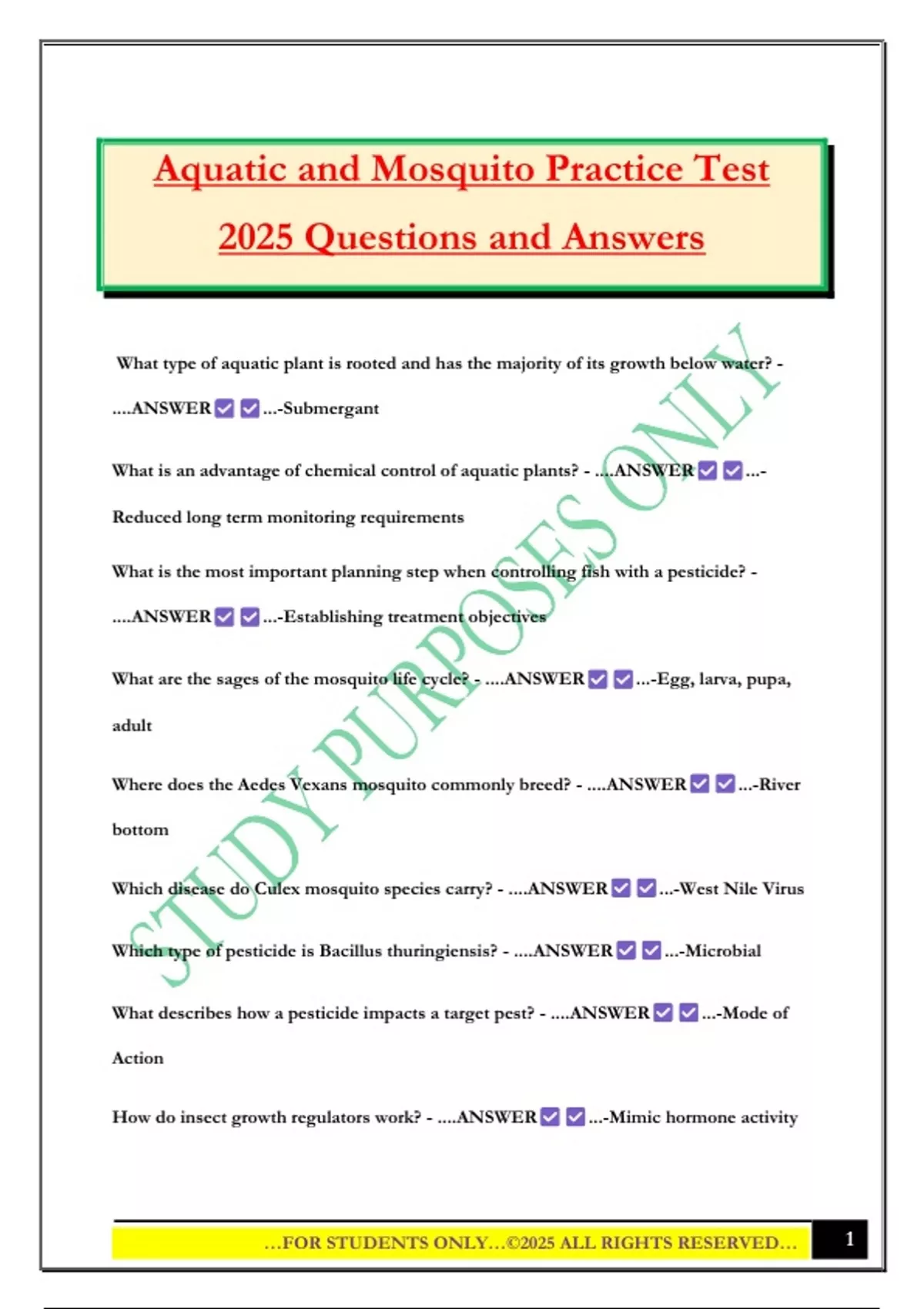 Aquatic and Mosquito Bundled Exams 2025 (Questions and Answers) - Stuvia US