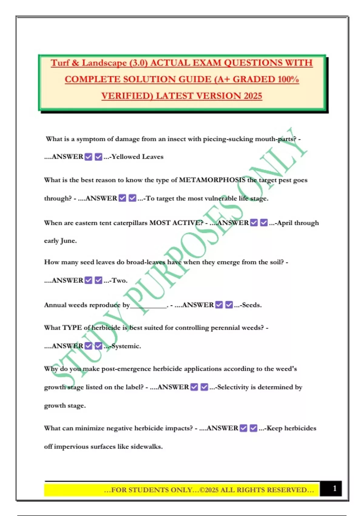 Turf & Landscape (3.0) ACTUAL EXAM QUESTIONS WITH COMPLETE SOLUTION ...
