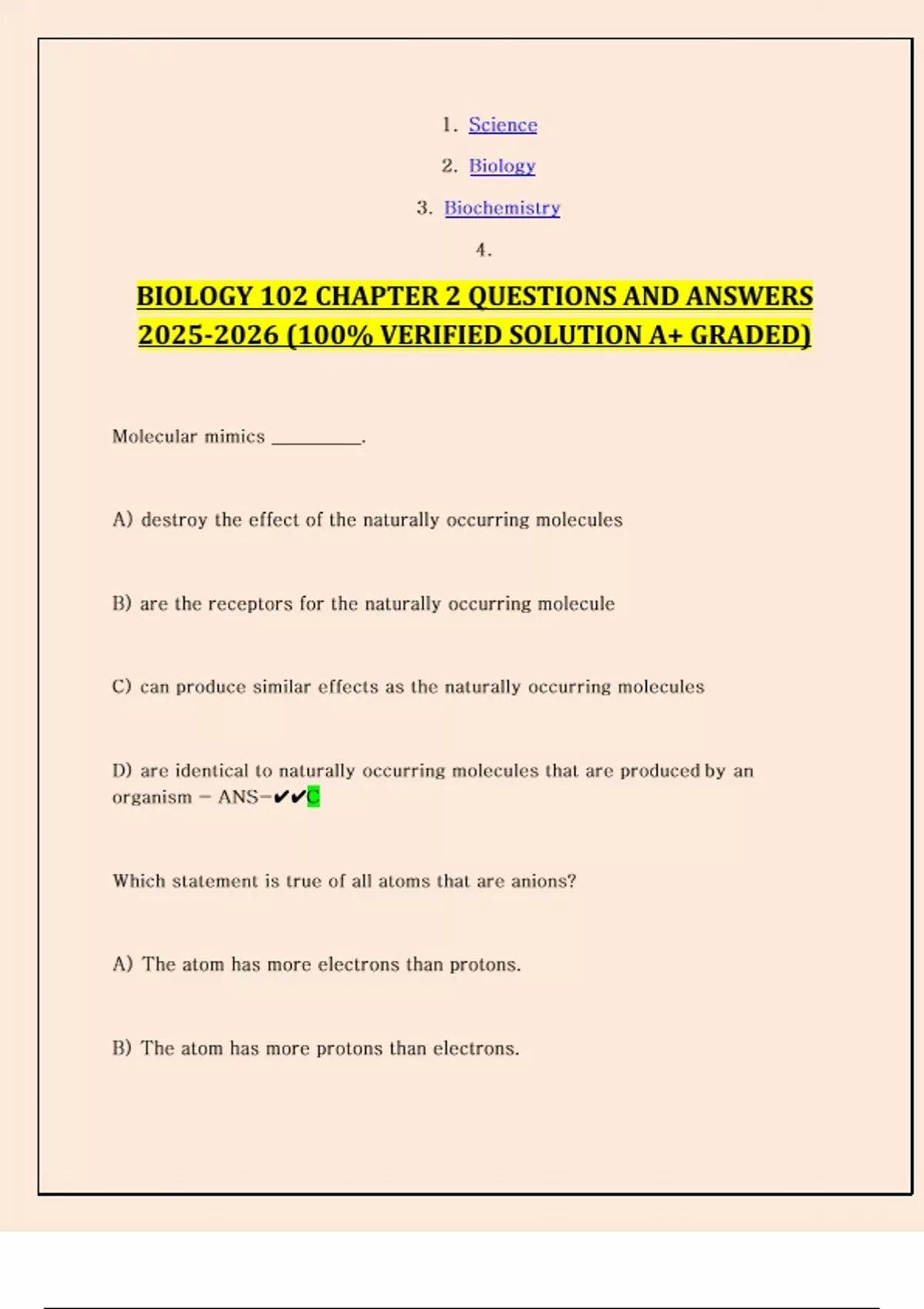 BIOLOGY 102 CHAPTER 2 QUESTIONS AND ANSWERS (100% VERIFIED SOLUTION A+ ...