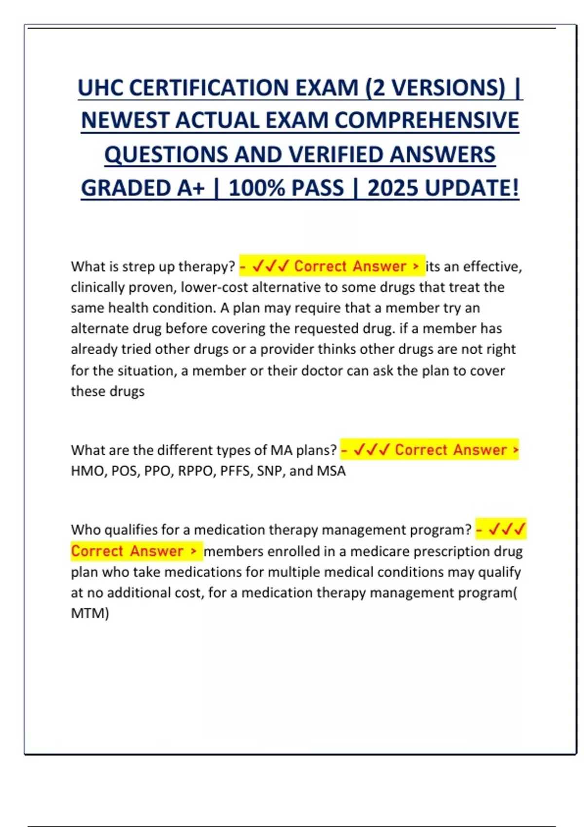 UHC CERTIFICATION EXAM (2 VERSIONS) | NEWEST ACTUAL EXAM COMPREHENSIVE ...