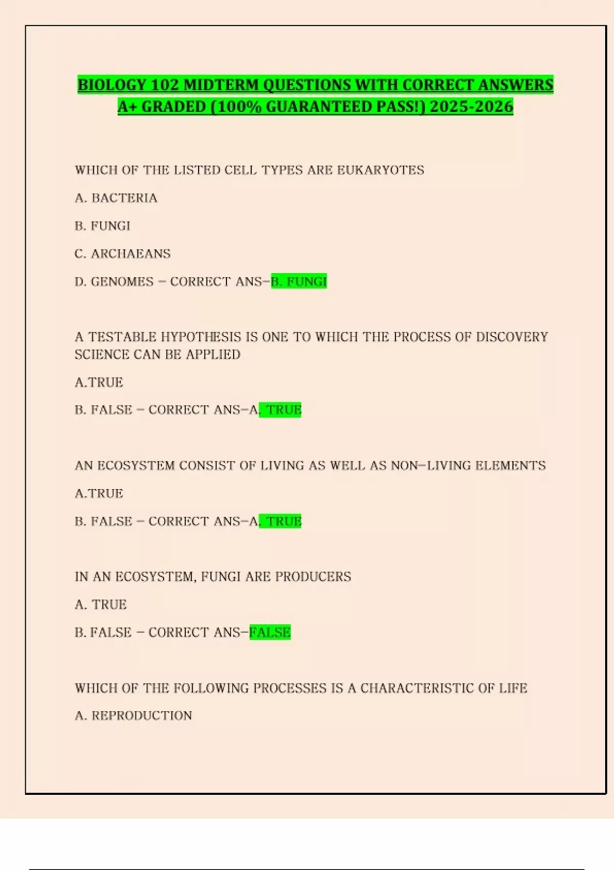 BIOLOGY 102 MIDTERM QUESTIONS WITH CORRECT ANSWERS A+ GRADED (100% GUARANTEED PASS!) - BIOLOGY ...