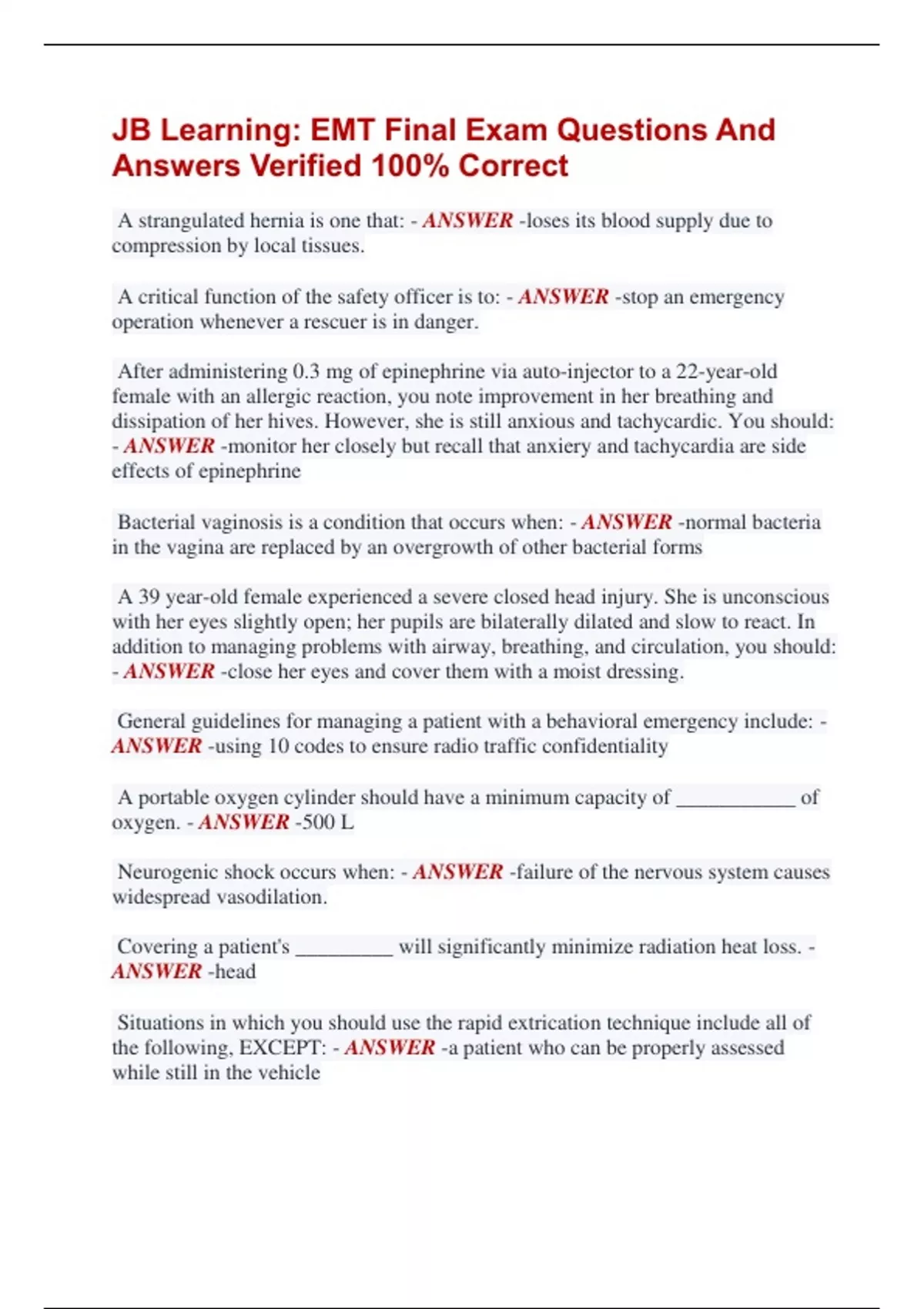 JB Learning: EMT Final Exam Questions And Answers Verified 100% Correct ...
