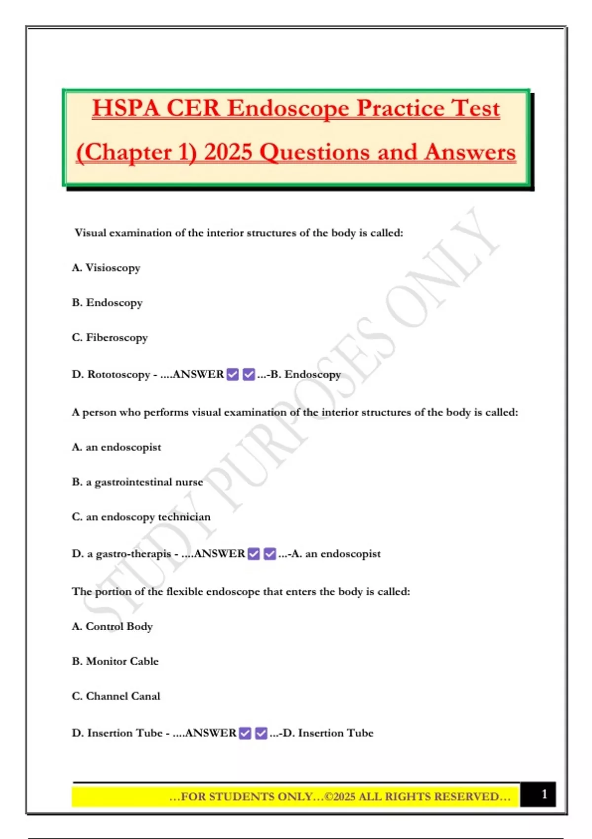 HSPA CER Endoscope Practice Test (Chapter 1) 2025 Questions and Answers ...