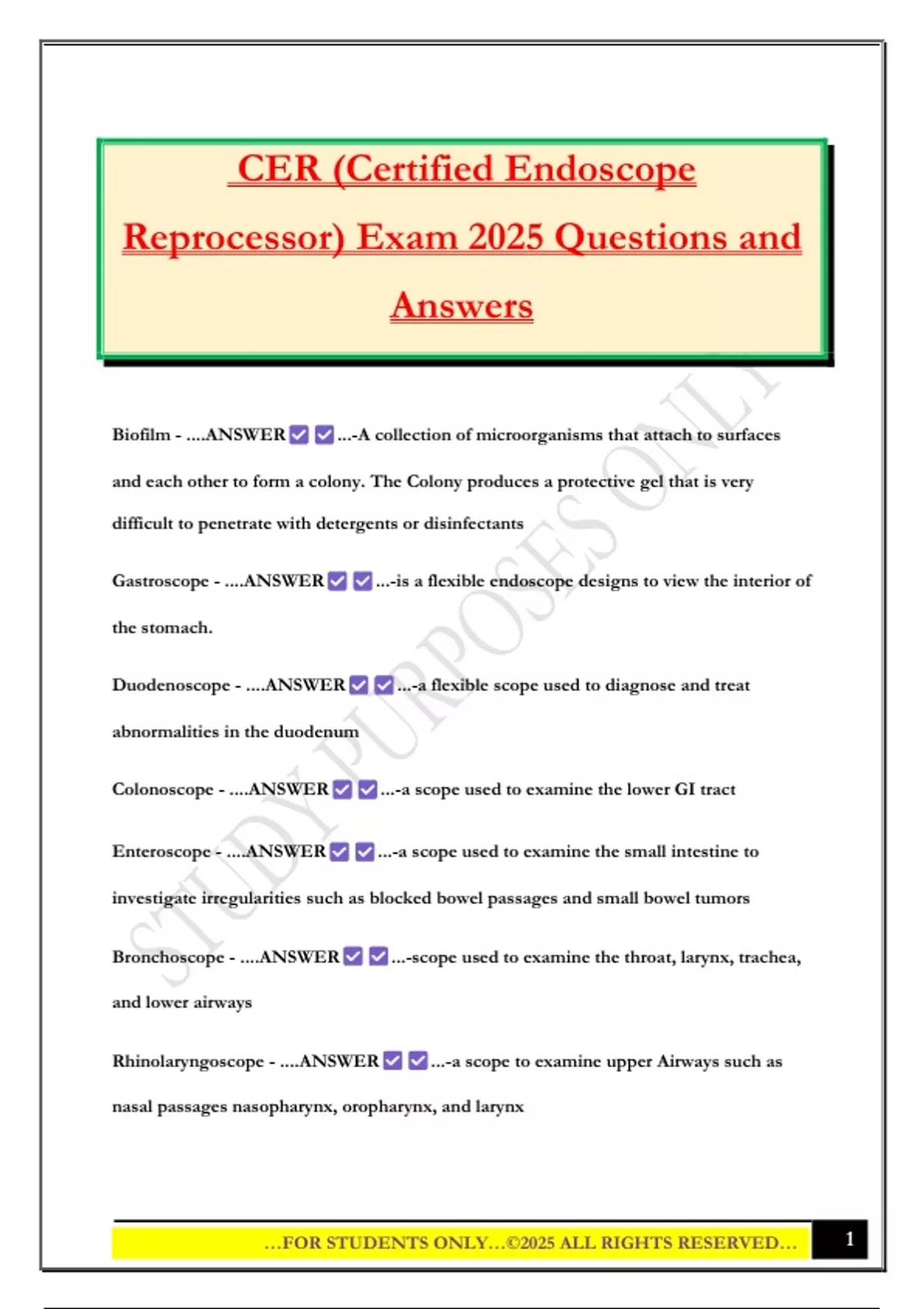 CER (Certified Endoscope Reprocessor) Exam 2025 Questions and Answers ...